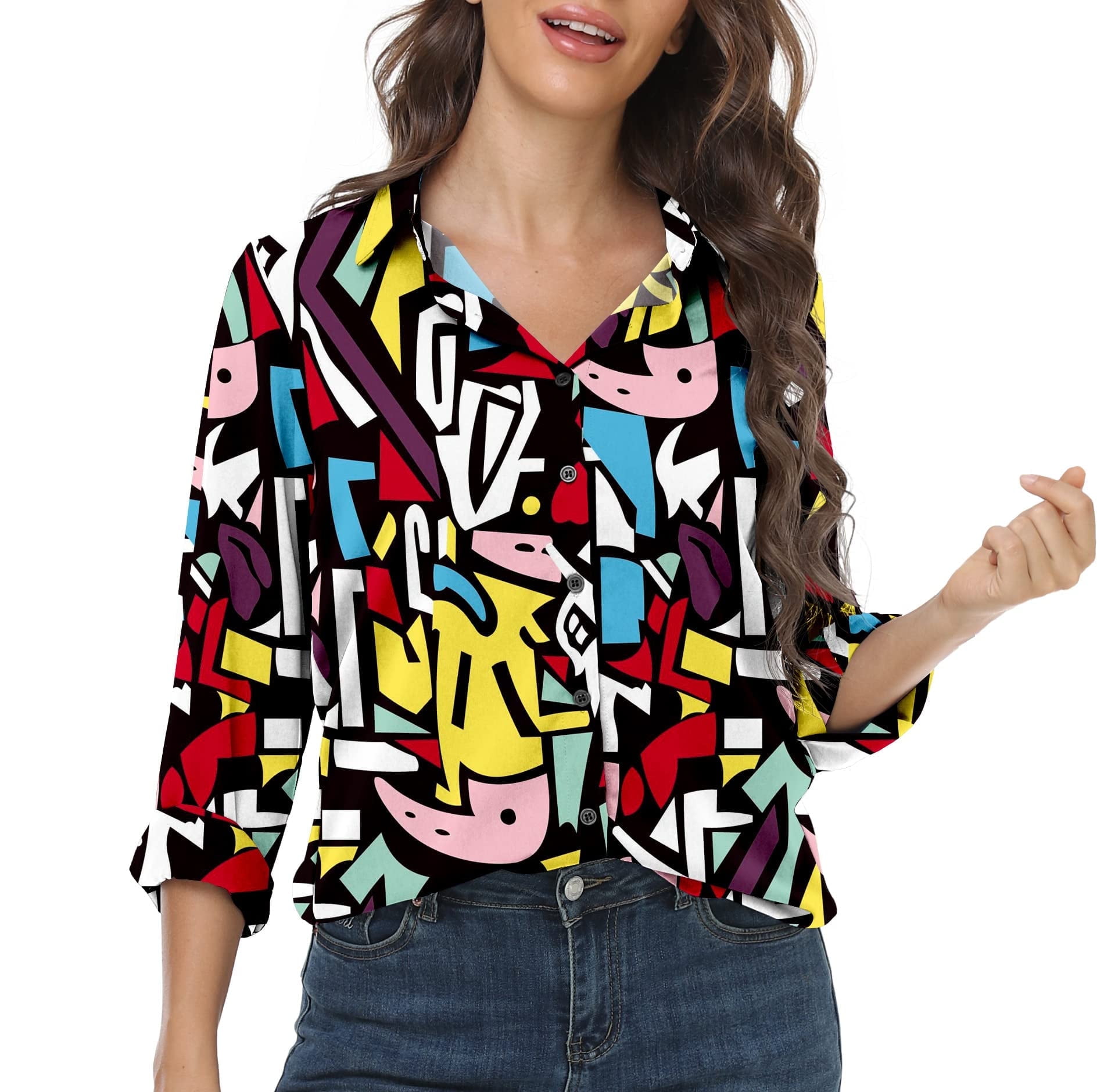 MLANM Womens Casual Button Down Shirts V Neck Long Sleeve Collared Office Work Blouses Tops , S ...