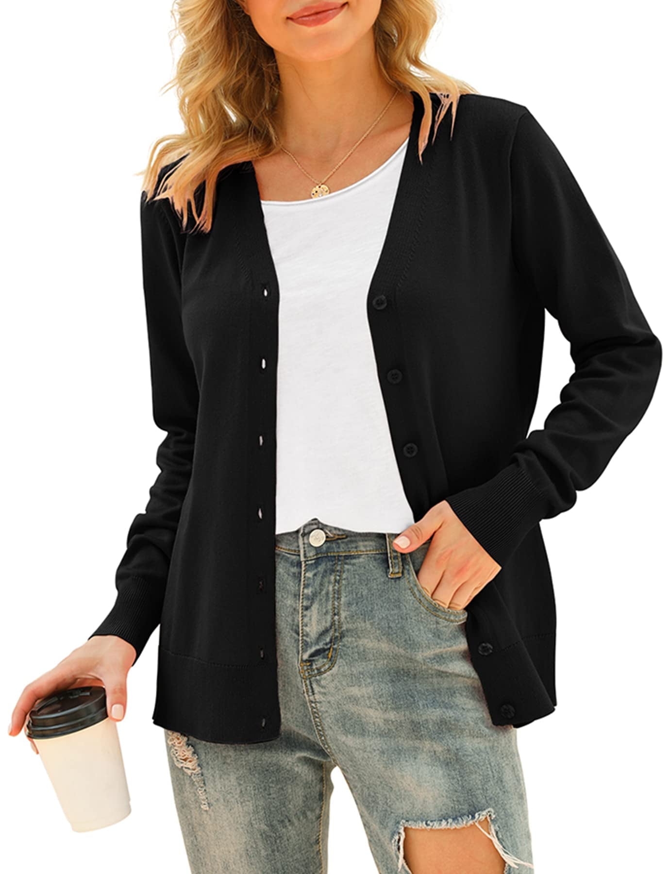 MLANM Women's V Neck Button Down Long Sleeve Soft Knit Cardigan Sweater ...