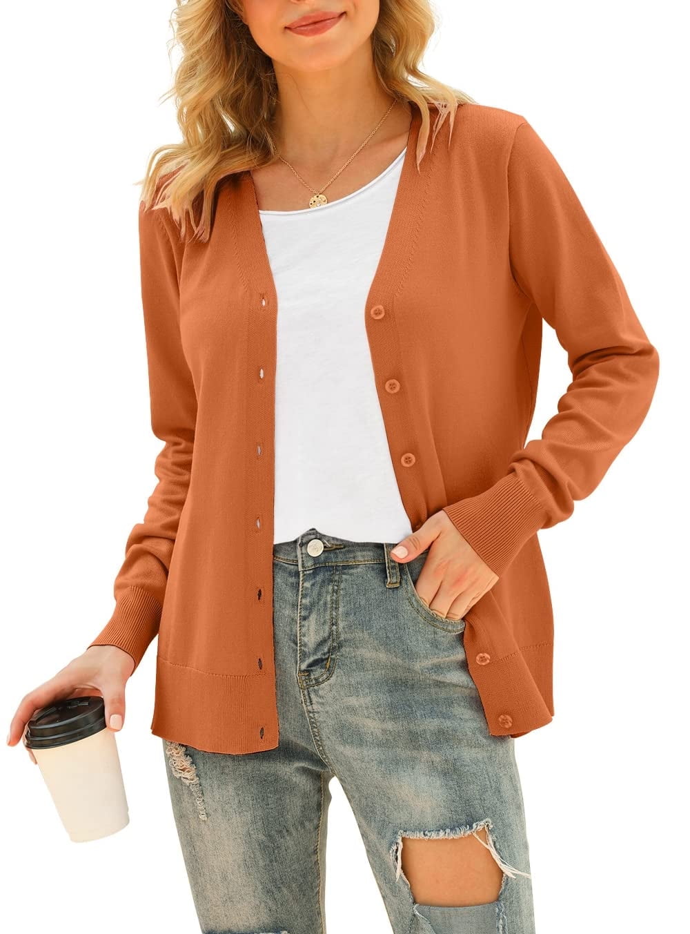 MLANM Womens Long Sleeve Open Front Cardigans Classic V Neck Button ...
