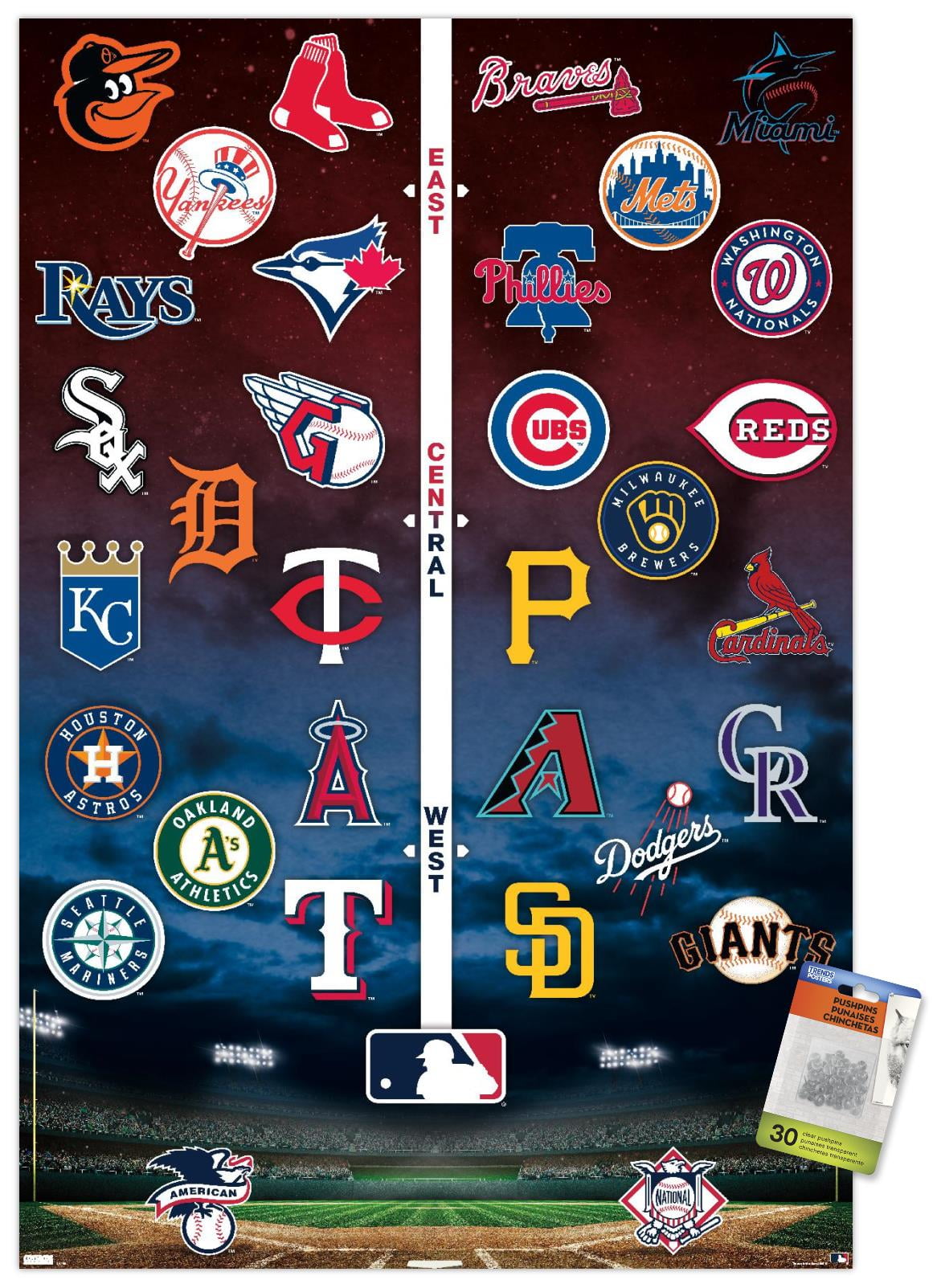 MLB League - Logos 24 Wall Poster with Push Pins, 22.375" x 34 ...