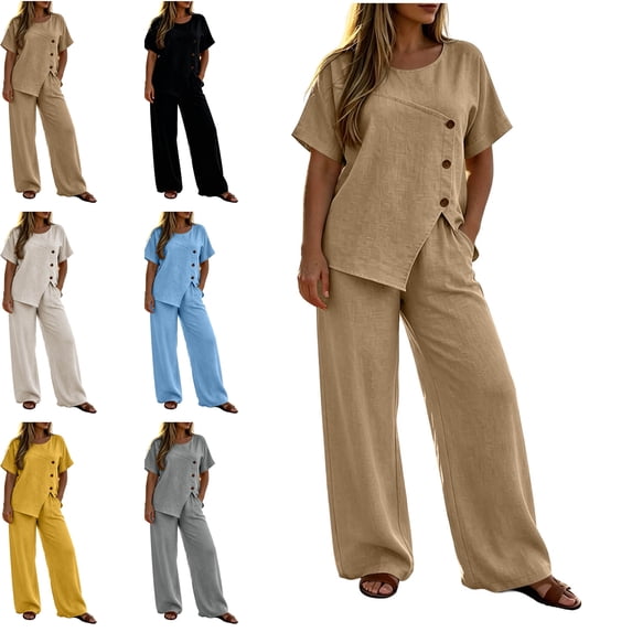 MLCDZ Women's 2 Piece Wedding Guest Pant Suits Short Sleeve Round Neck ...