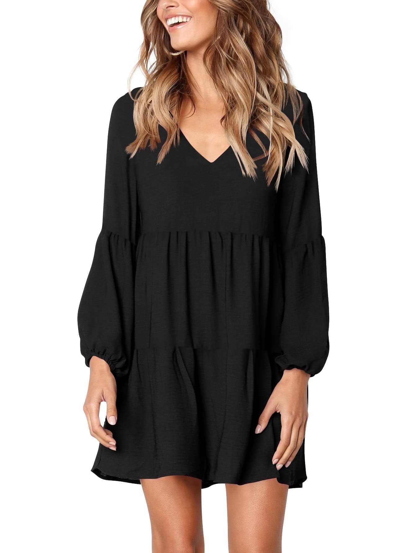 MLDRA Dresses for Women Long Sleeve Dress for Women Black V Neck Loose ...