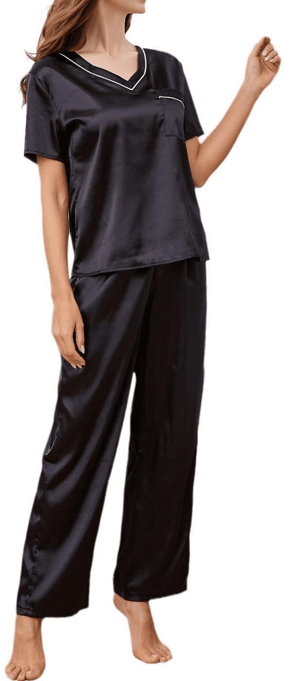MLDRA Womens Pajamas Sets Satin Pjs Short Sleeve V Neck Silk Top with ...