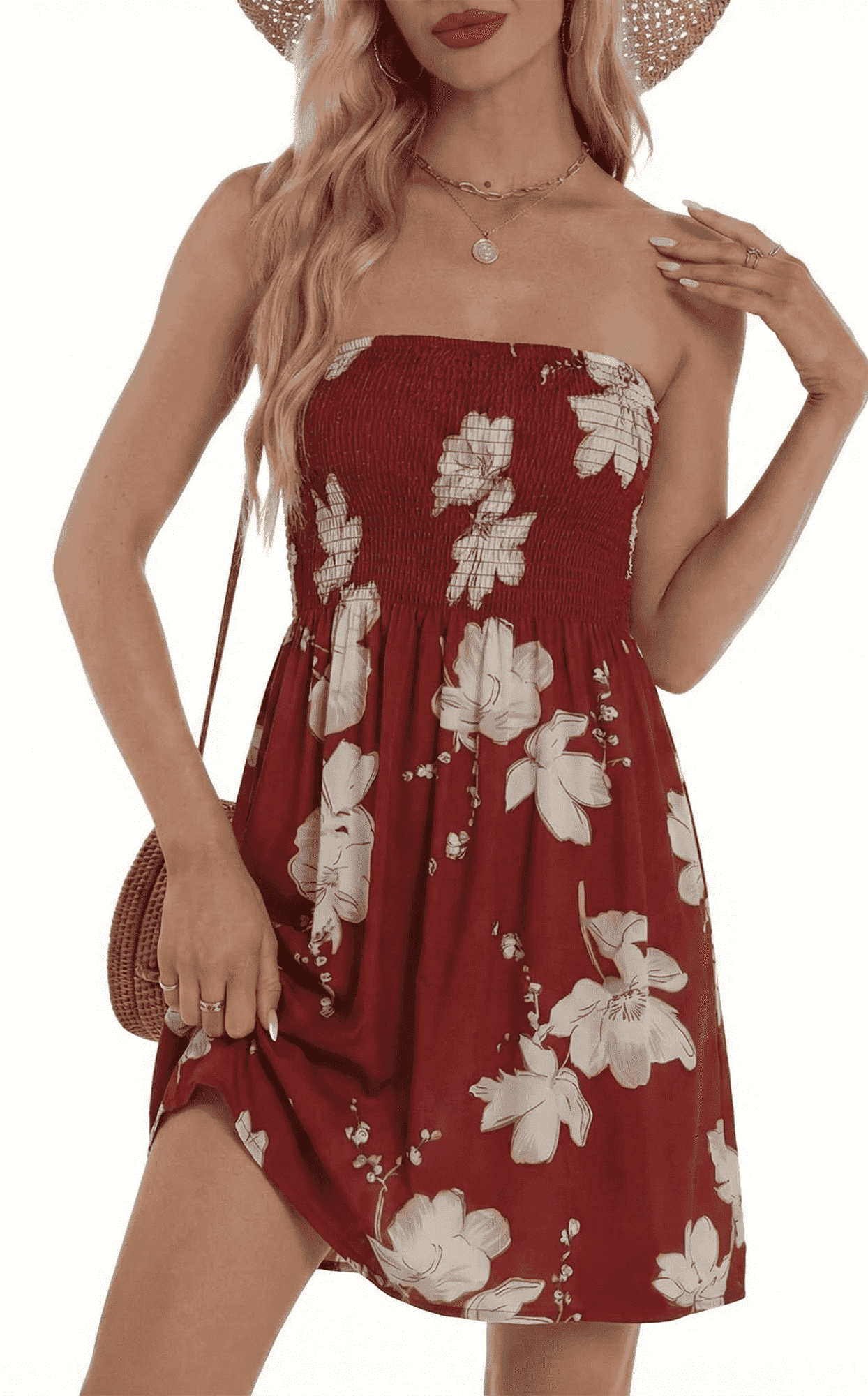 MLDRA Strapless Dresses for Women Mini Red Dress Floral Print Off the ...