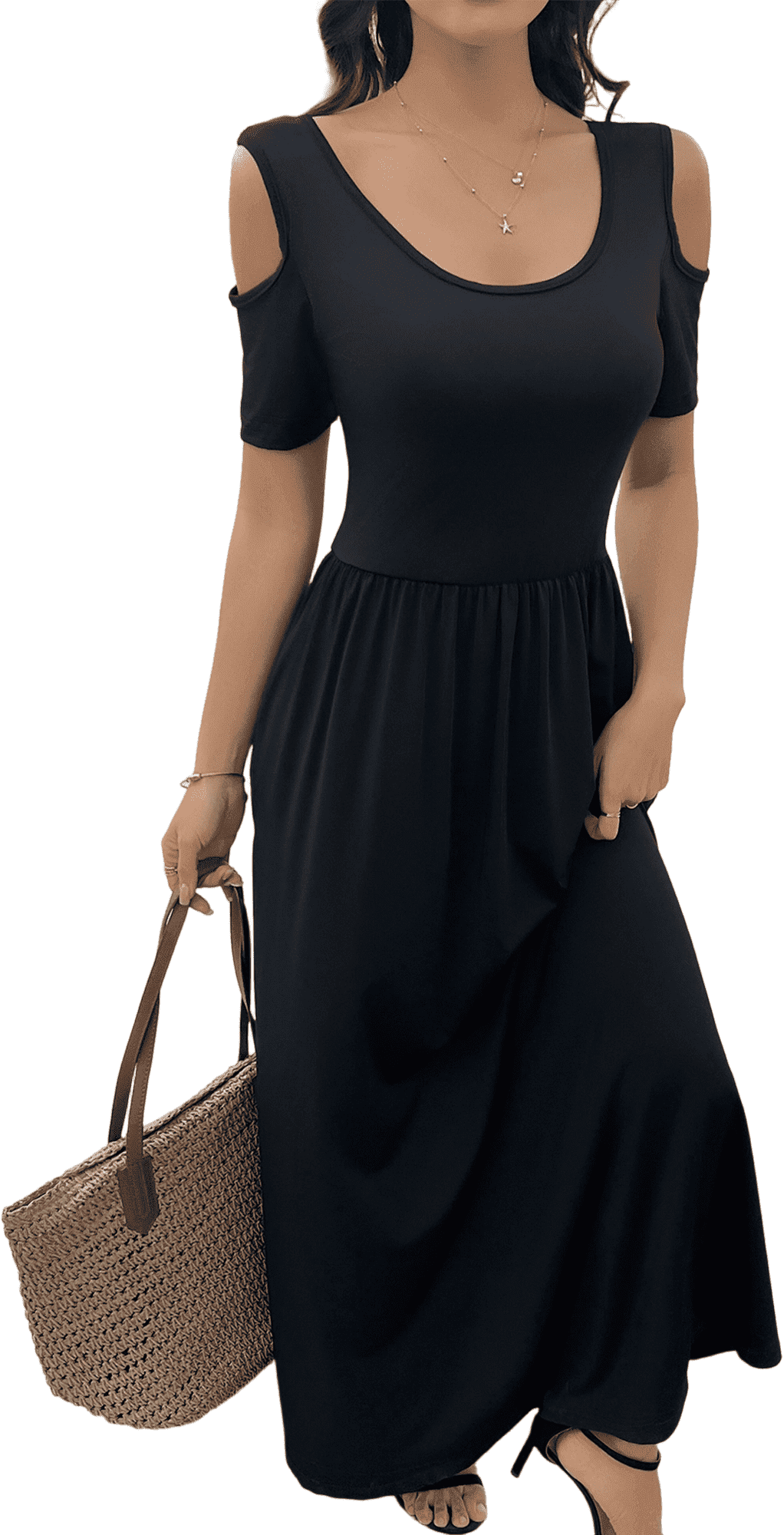 MLDRA Women's Maxi Dress, Cold Shoulder, Long Sundress with Pockets ...