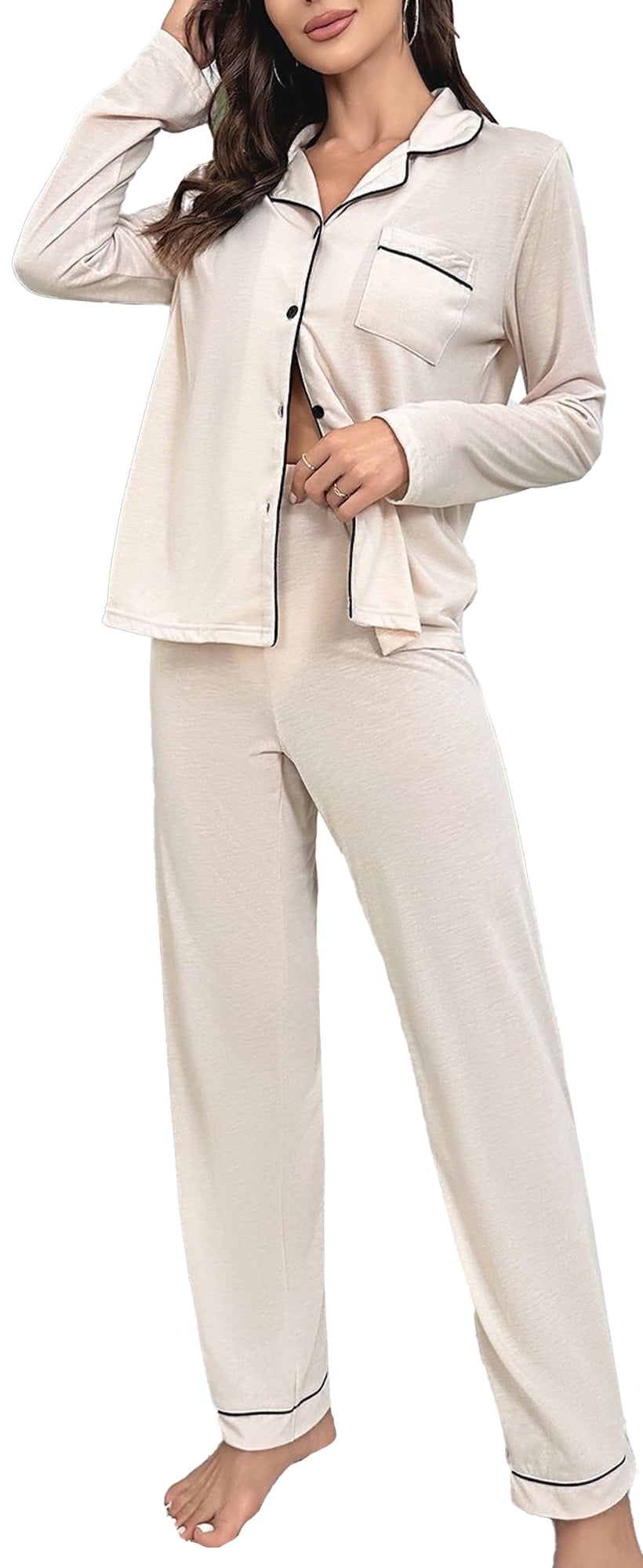 Womens Pajama Sets PJs Button Up Long Sleeve with Lounge Pants Soft Two ...