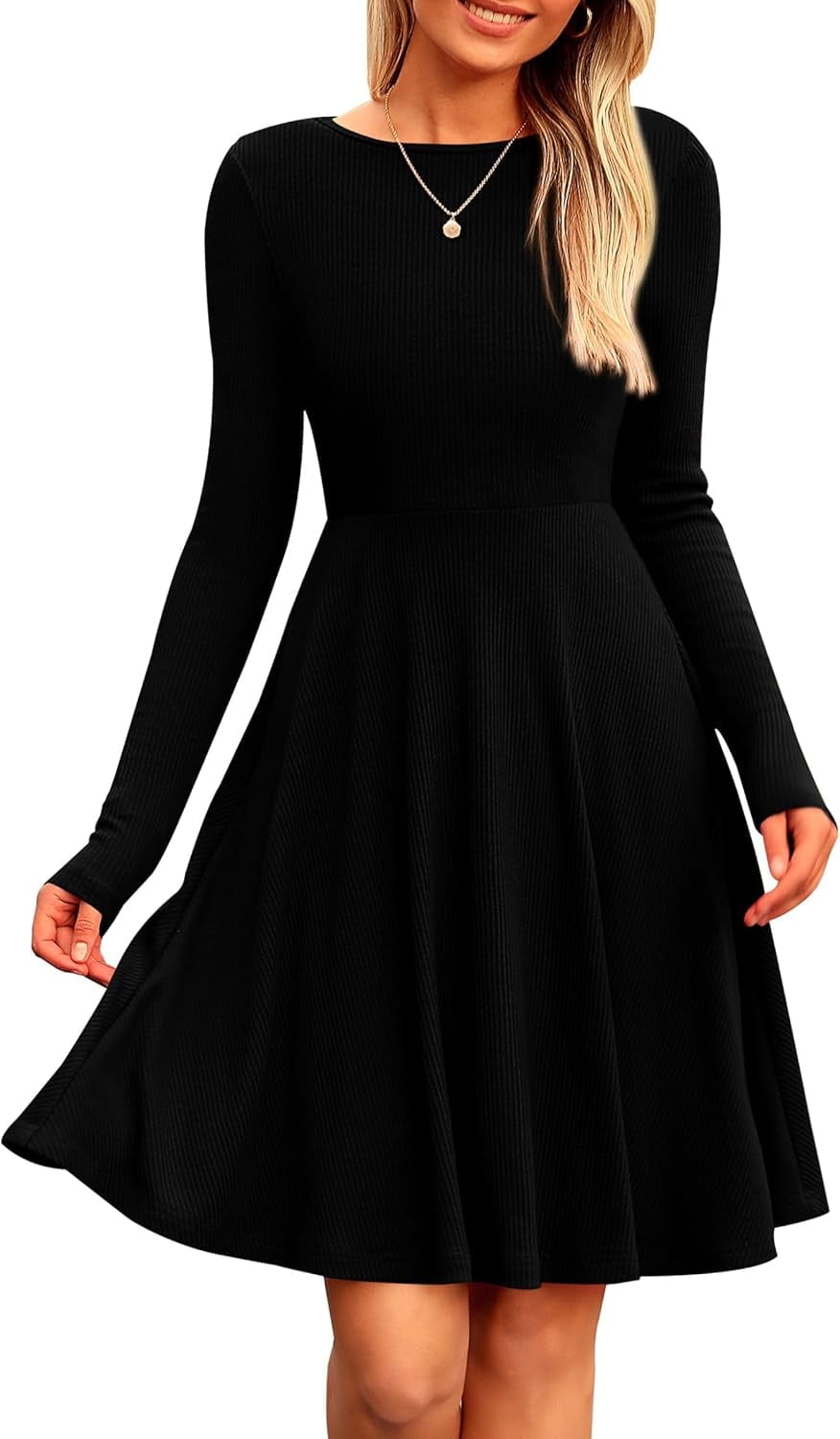 MLDRA Women's Spring Fall Short Dress Ribbed Knit Crewneck Long Sleeve ...