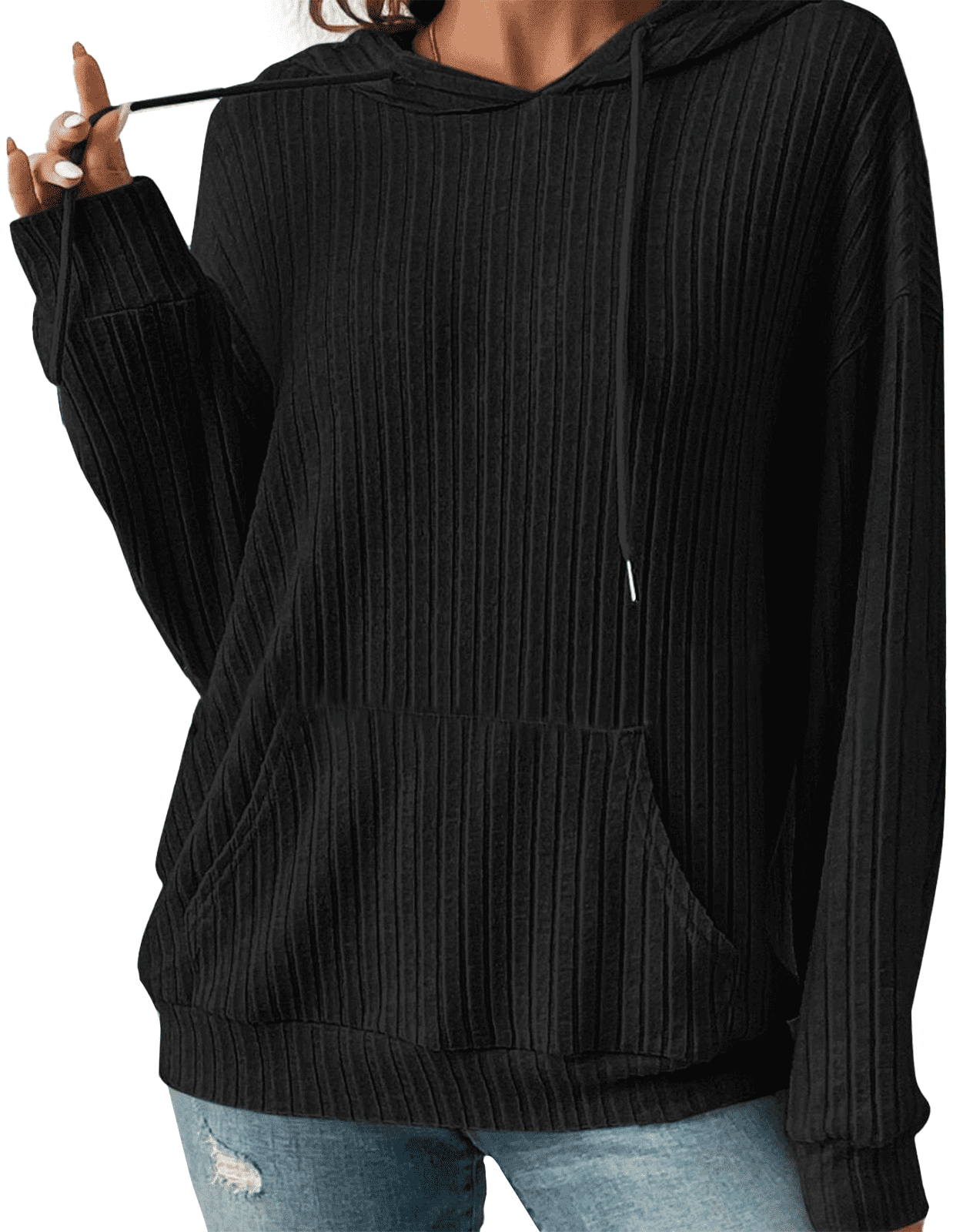 MLDRA Womens Hoodies Knit Sweatshirt Pit Stripe Pocket Drawstring Long ...