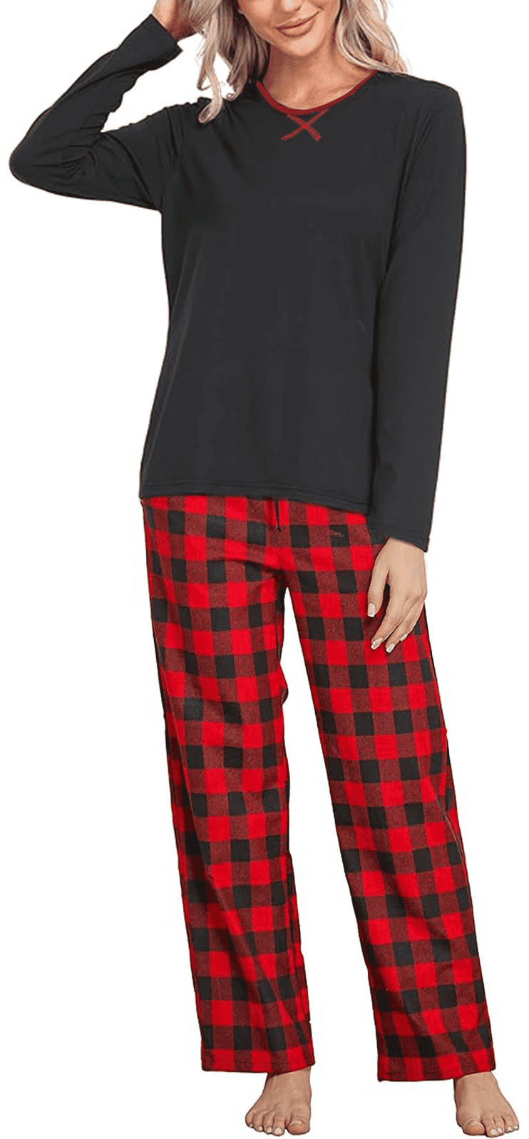 MLDRA Womens Pajamas Set Plaid Pjs Long Sleeve Crew Neck Lounge Top with Long Pants 2 Piece ...