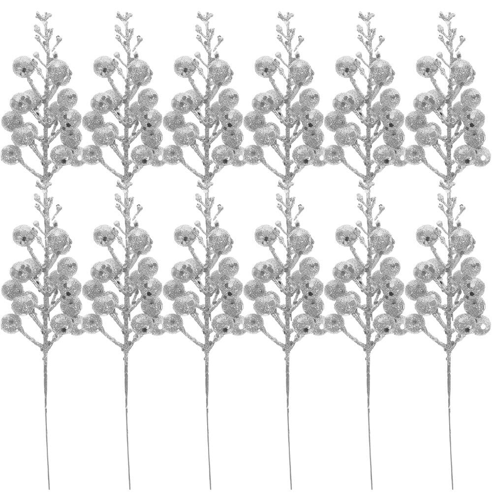 MLINS 12pcs Christmas Glitter Berries Stems, Silvery Berry Stems ...
