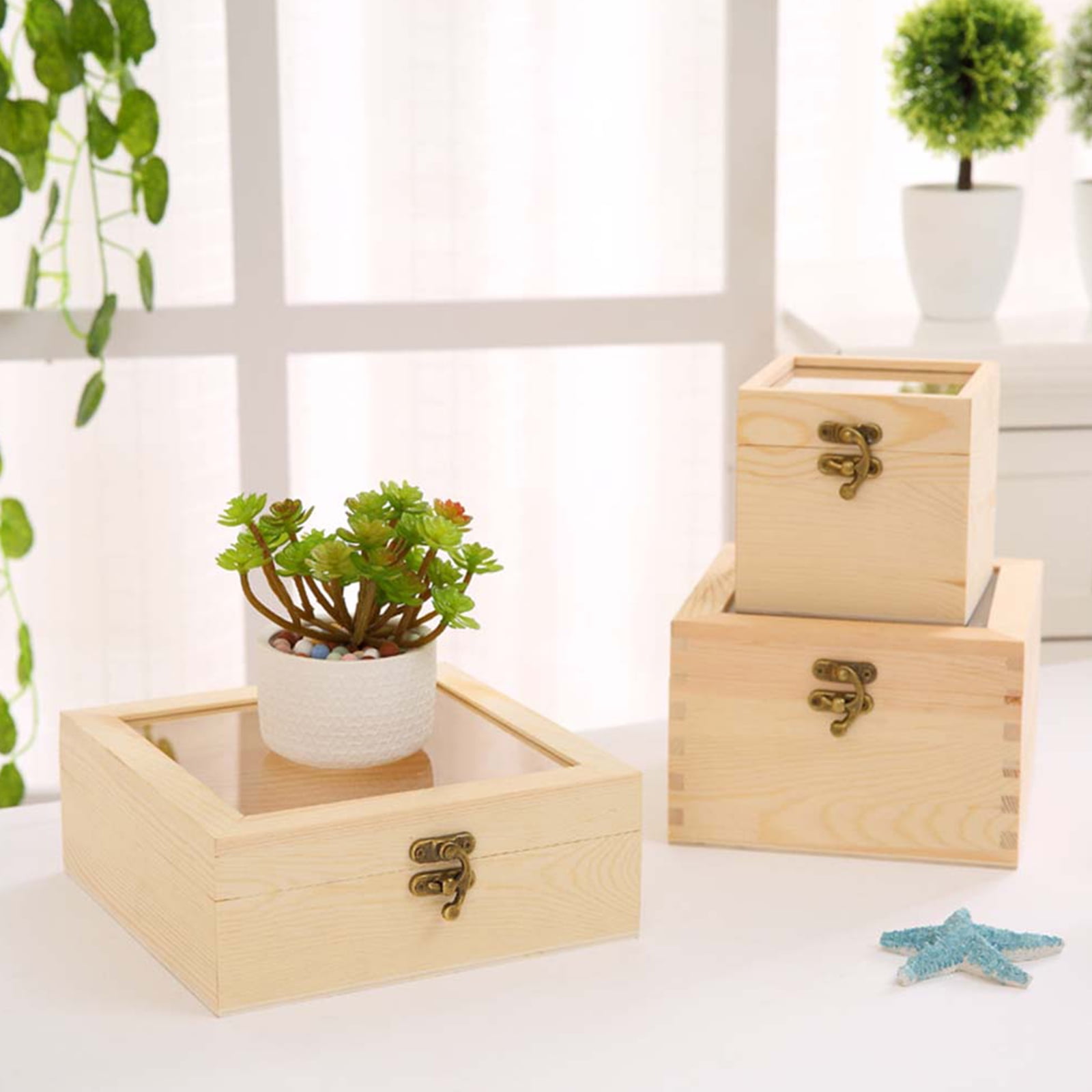 MLINS 1Pcs Decorative Storage Boxes with Lids 12x12x8.20cm Khaki Wood ...