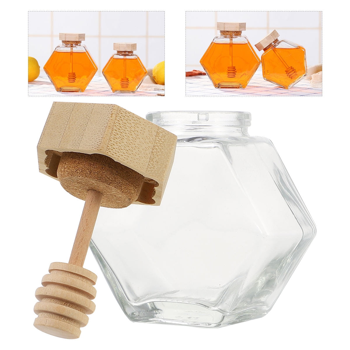 MLINS 2 Pcs Jar Honey Hexagon Glass Bottle Wooden Lid Airtight Sealed ...