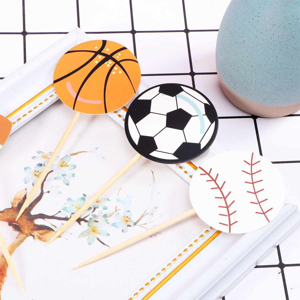 MLINS 24pcs Cupcake Toppers Sports Theme Football Basketball Volleyball ...