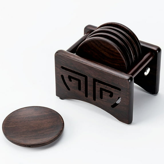 MLINS 7-Piece Wooden Coaster Set with Holder for Kitchen Use Dark Brown ...