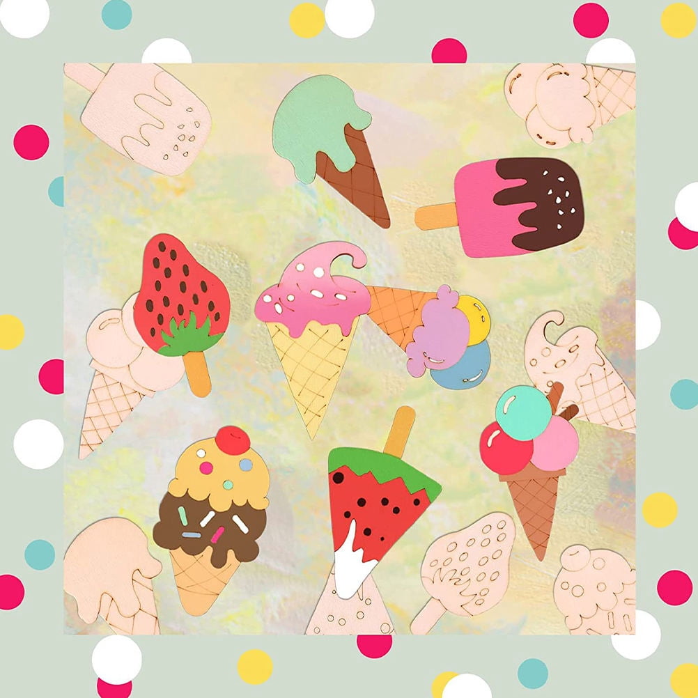 GAXIRE Wood Cutouts Craft Ice Cream Shape Natural Wood Color 80Pcs ...