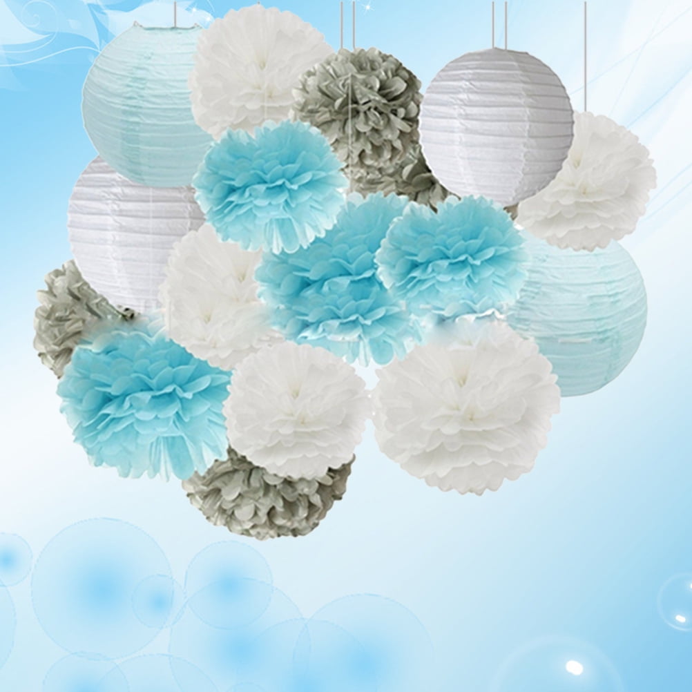 MLINS Blue Paper Lantern and Flower Set for Party Decoration 4 Lanterns ...