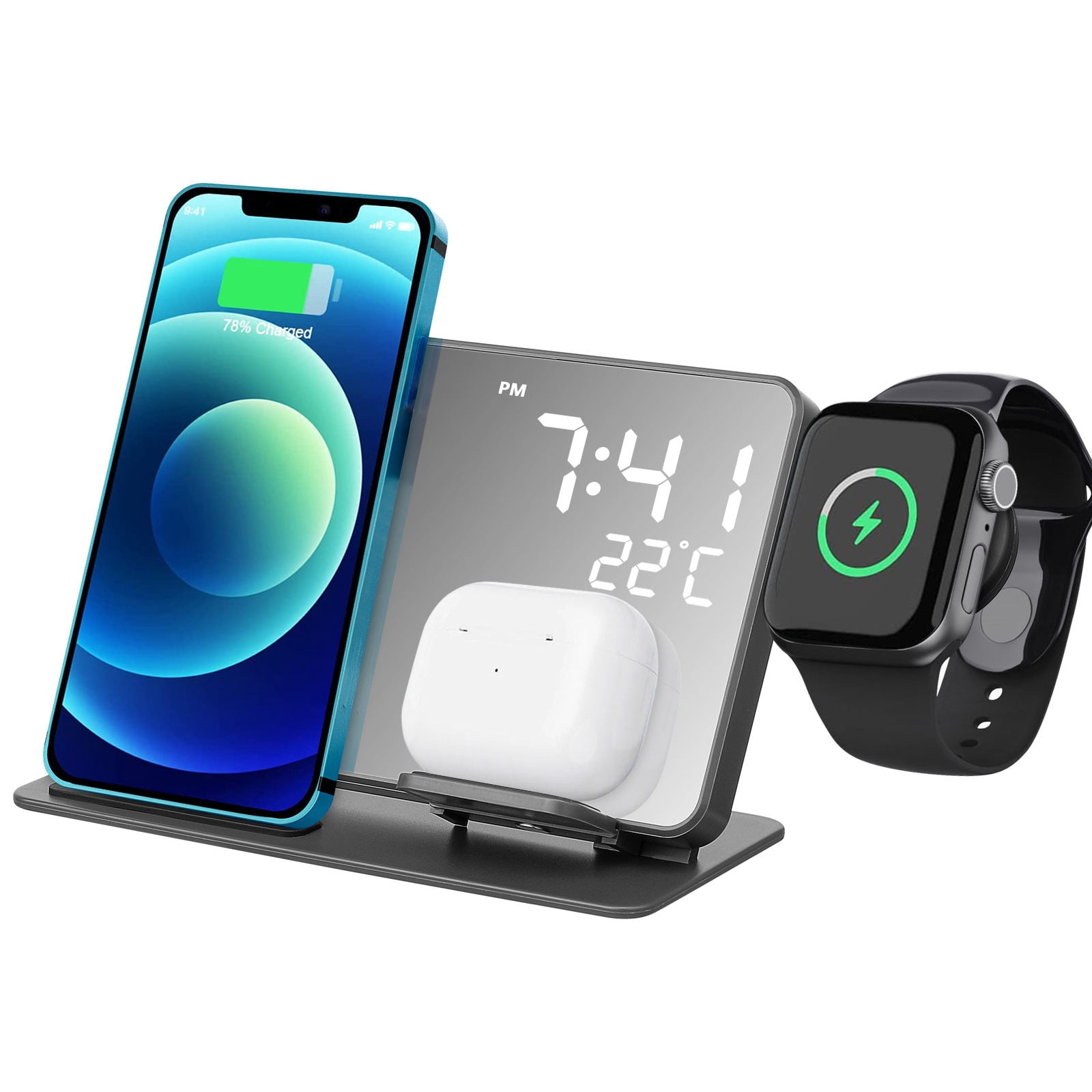 MLINS Charging Station 4-in-1 Wireless Charger with Digital Clock Fast ...