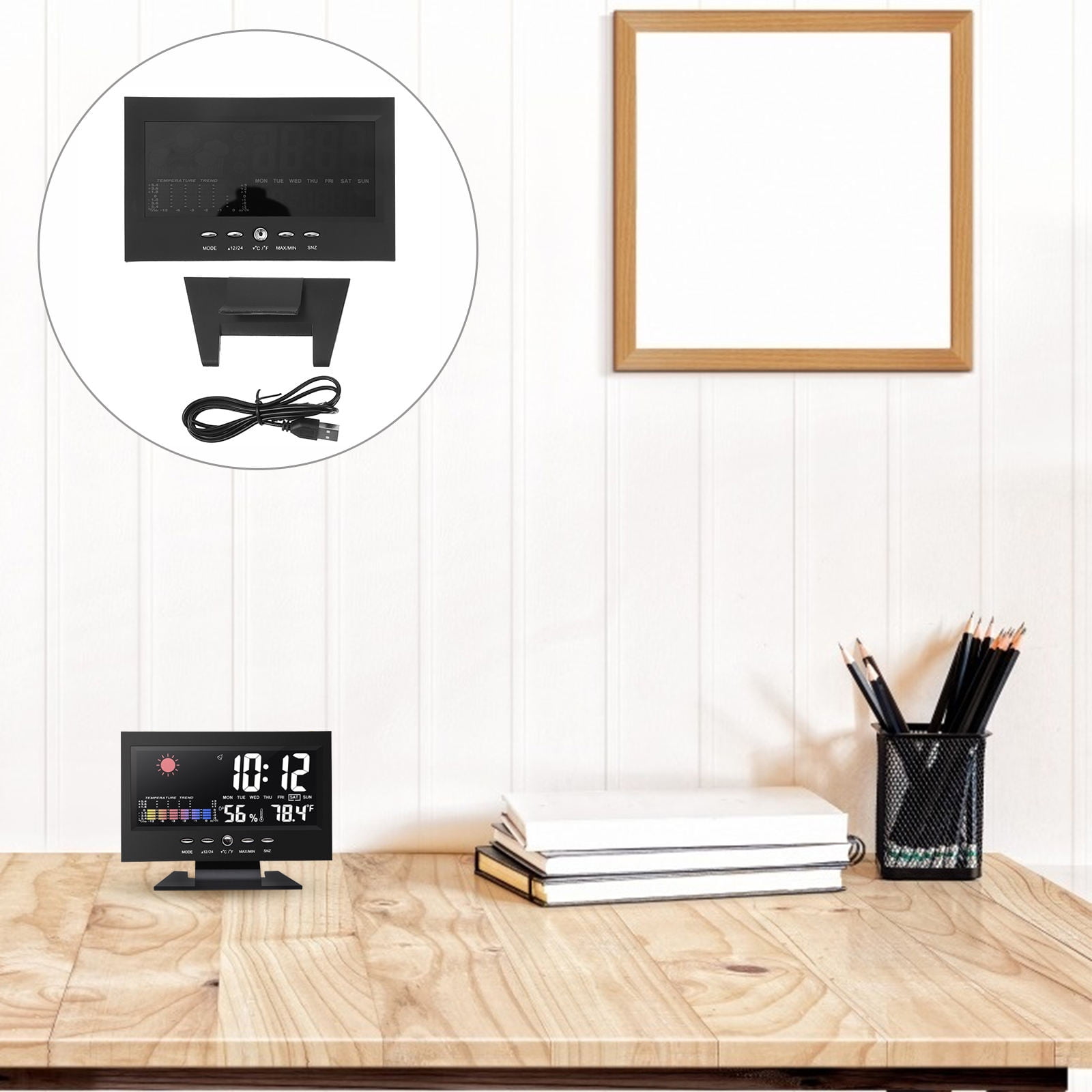 MLINS Electronic Clock Color Screen Calendar Smart Alarm Office Black ...