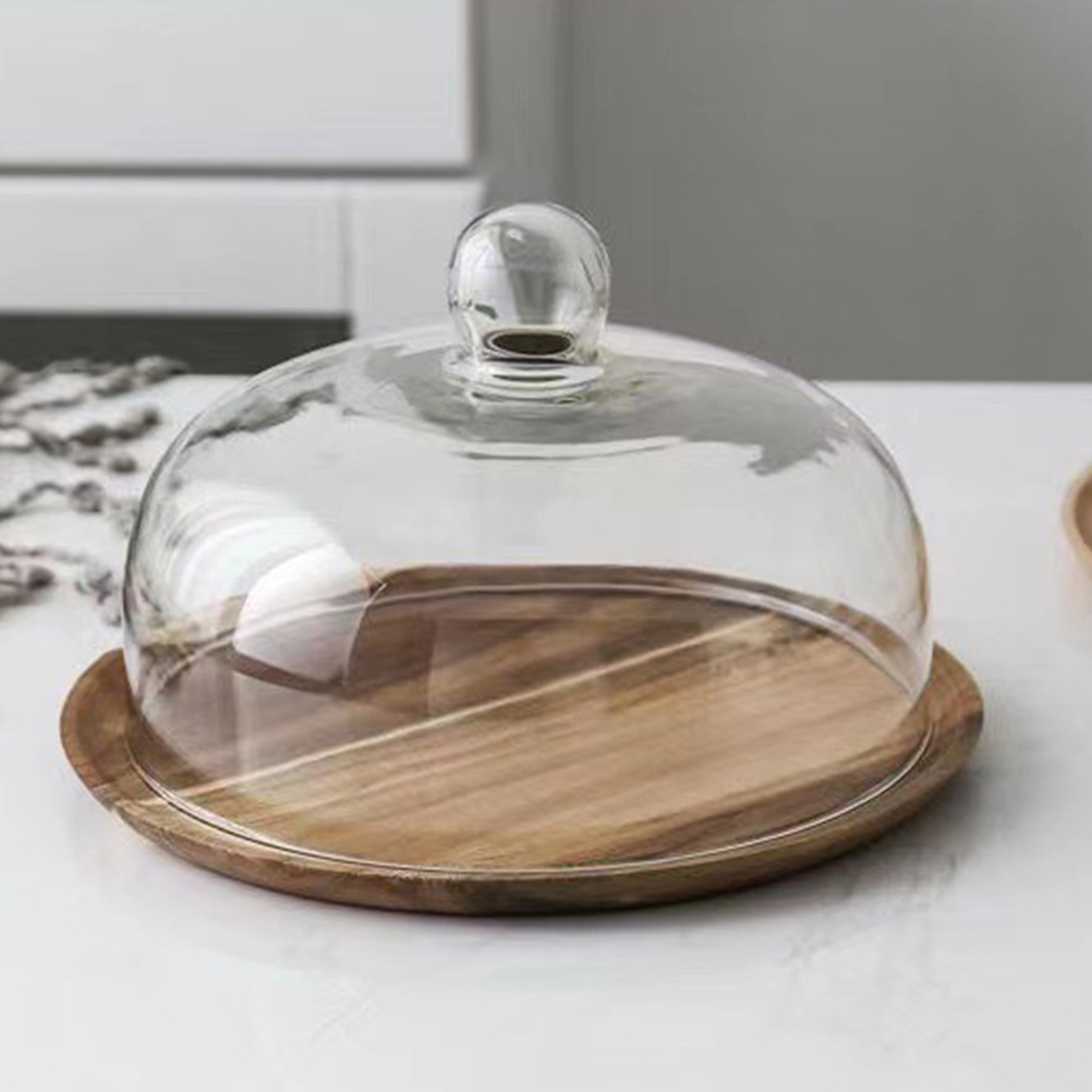 MLINS Glass Cake Display Dome Covered Cake Stand Wooden Cupcake Stand ...