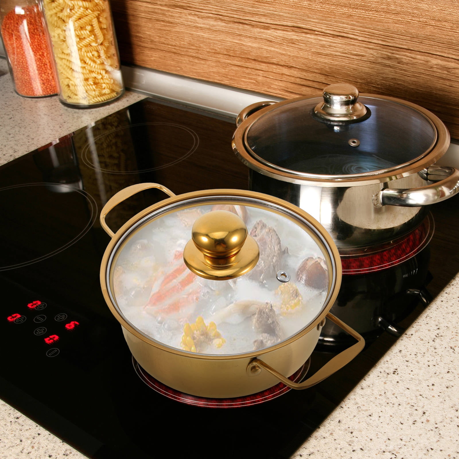 MLINS Golden Stainless Steel Ramen Pot With Glass Lid Double Handle ...