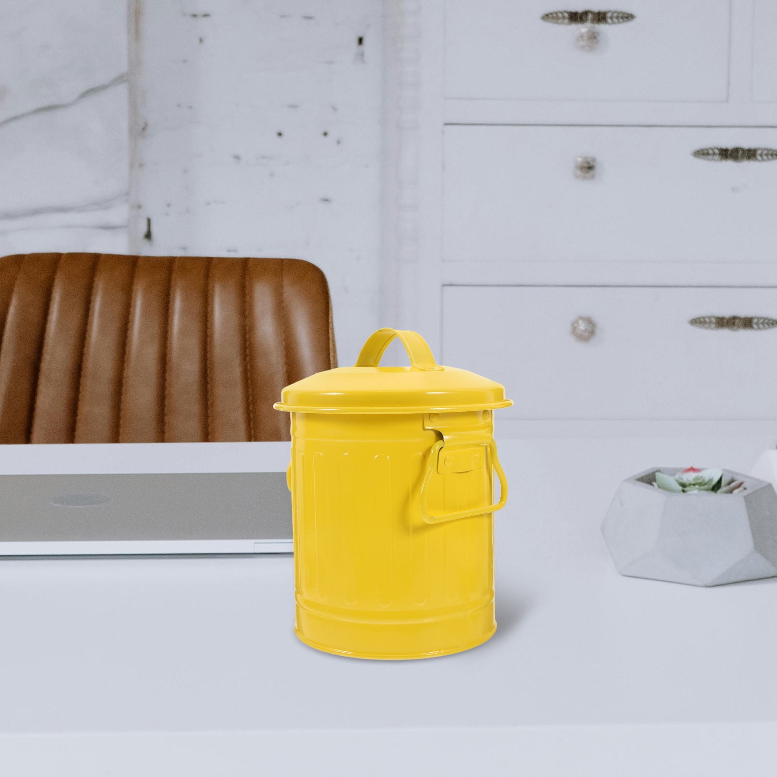 MLINS Iron Trash Can Metal Storage Basket With Lid For Office Compact ...