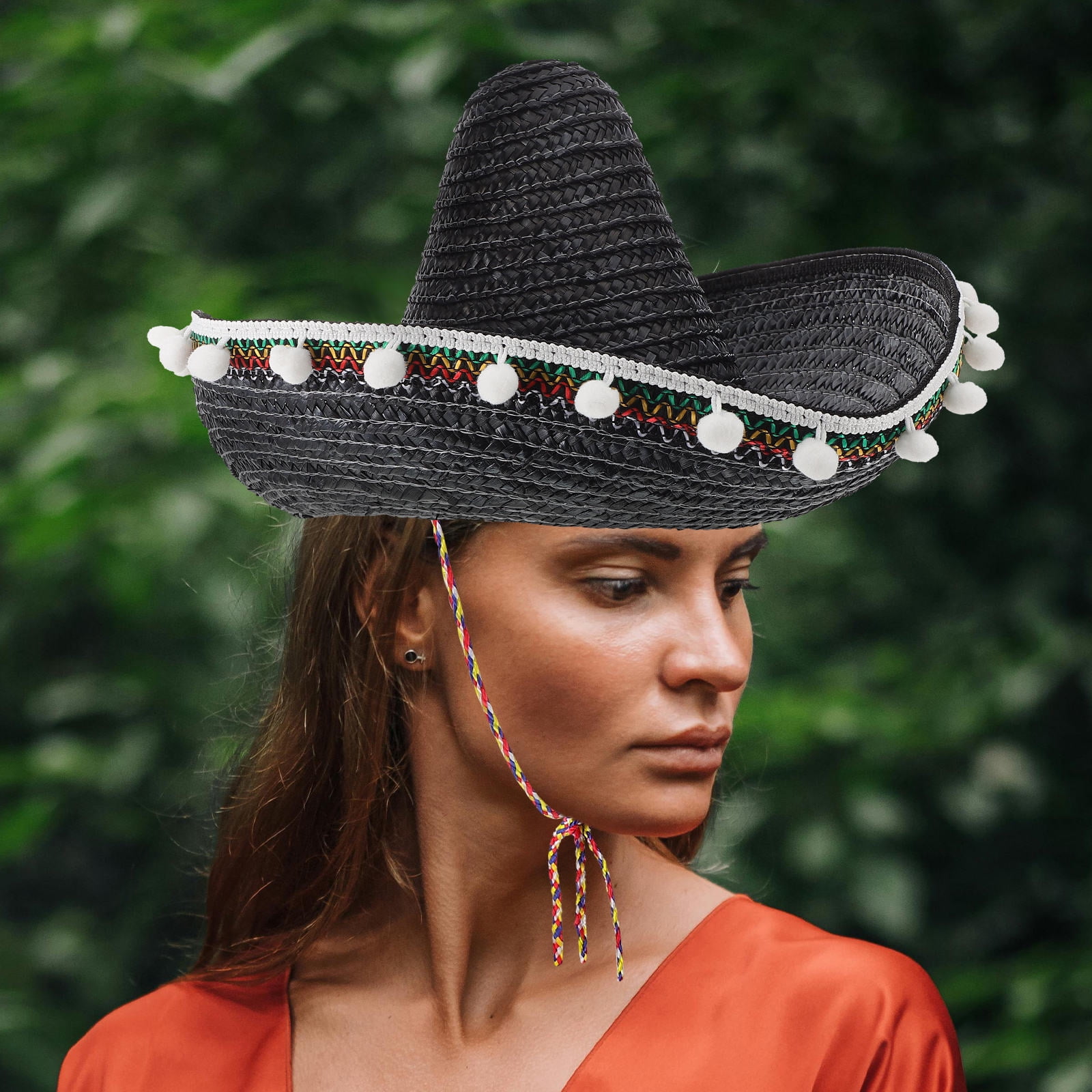 MLINS Mexican with Pom Poms 40cm Black Sombrero for Hawaiian Style ...