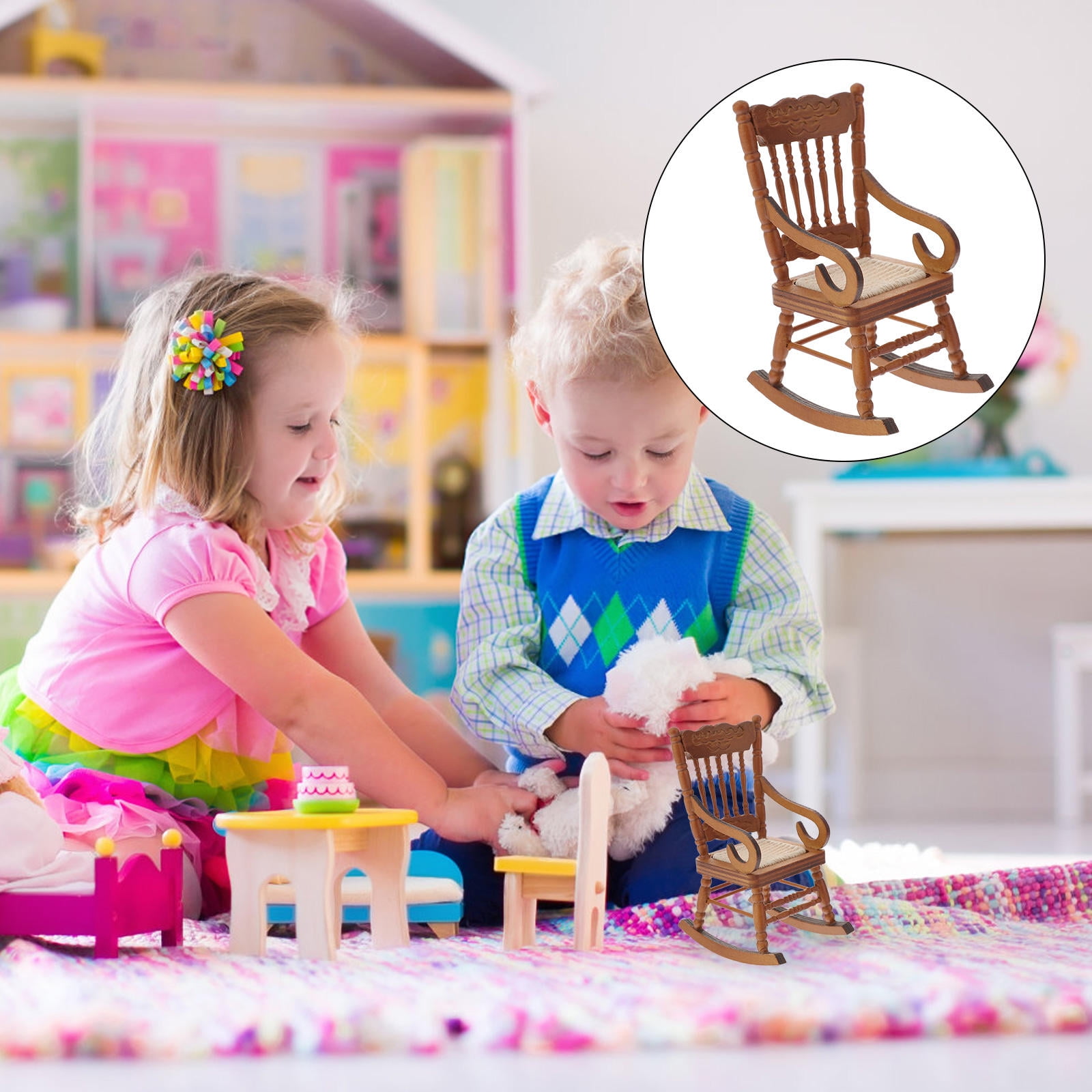 MLINS Mini Doll Chair Wooden Miniature Rocking Chair Dollhouse Chair ...