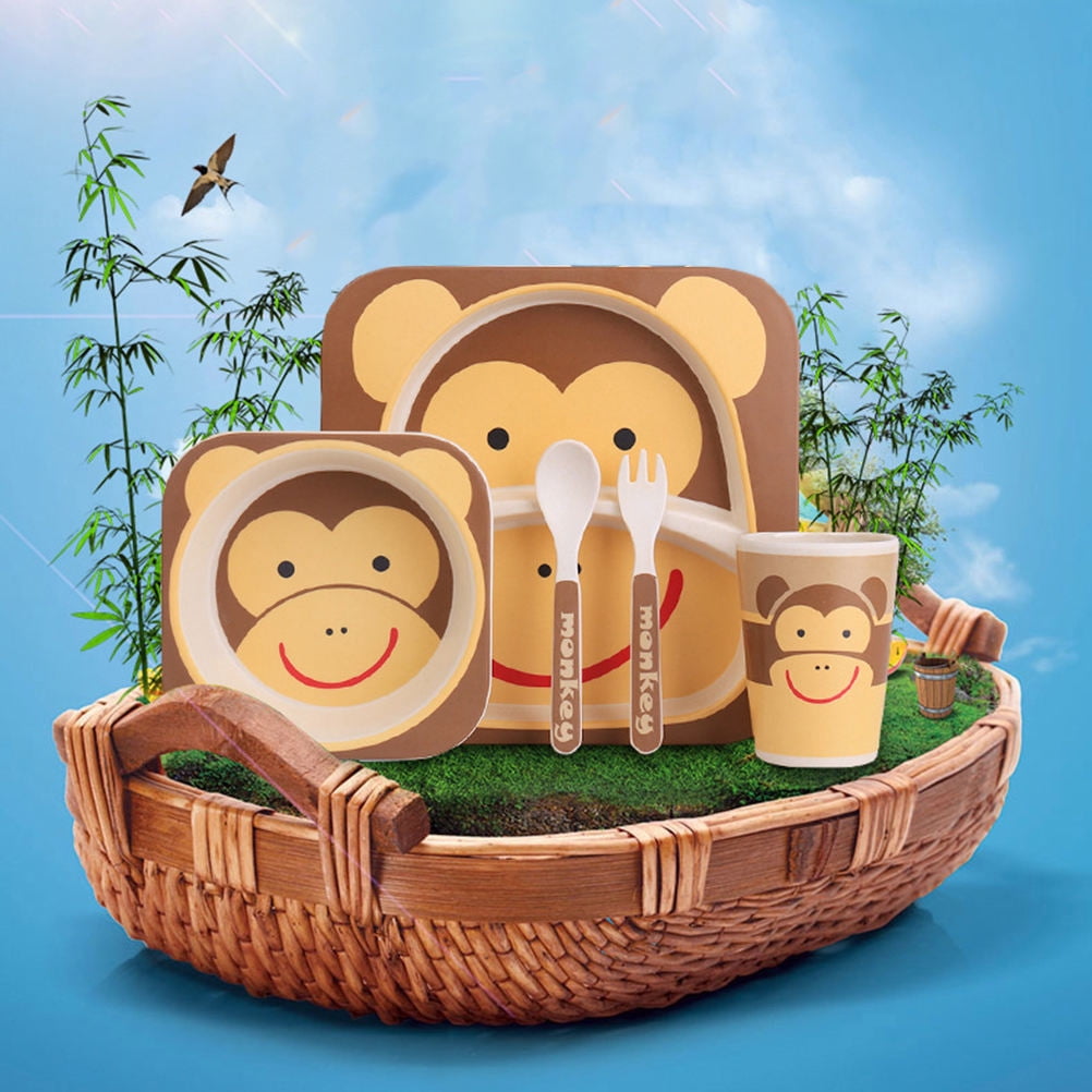MLINS Monkey Pattern Kids Set Portable Bamboo Fiber Dinnerware Kit for ...