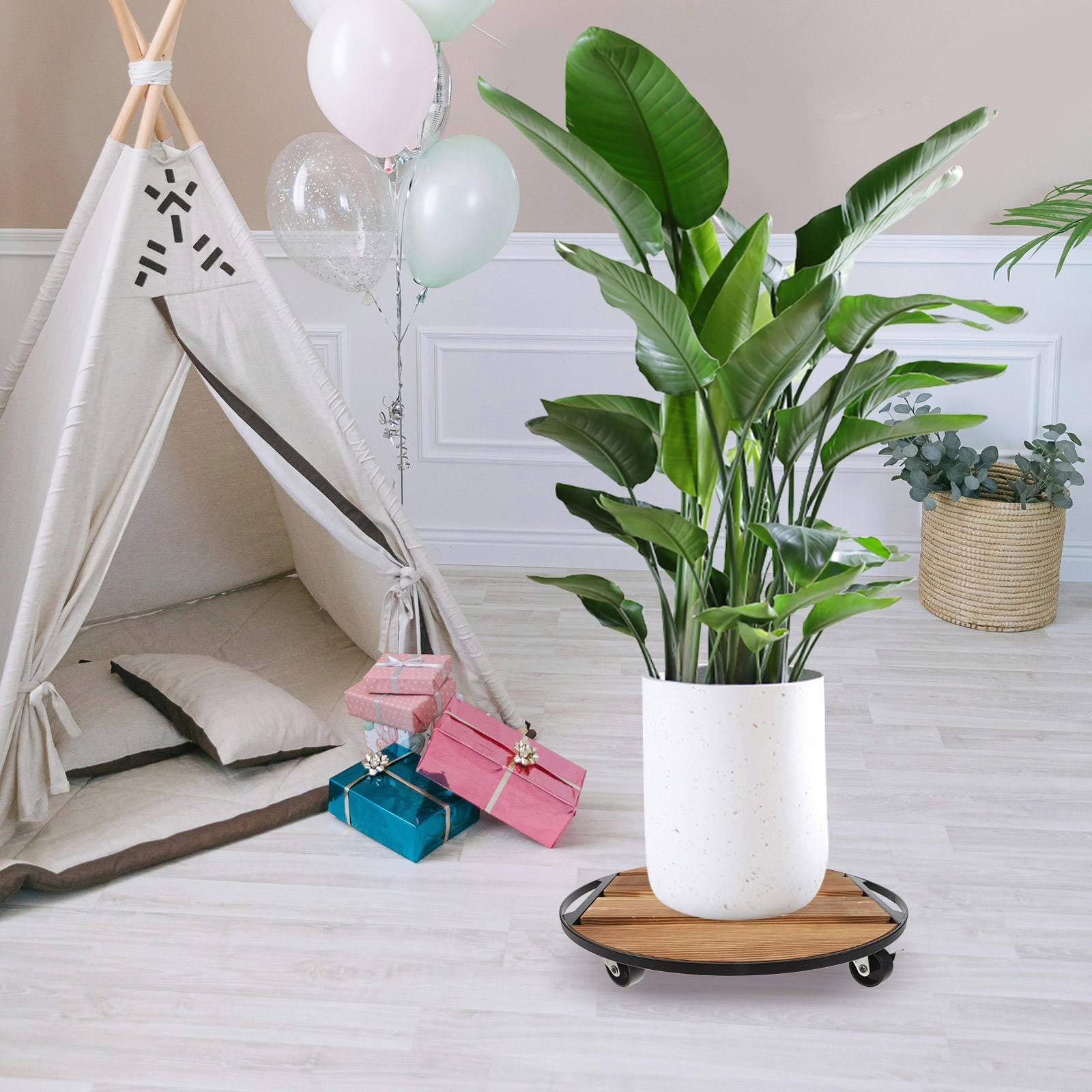 MLINS Rolling Plant Stand with Wheels Round Wooden Plant Tray for ...