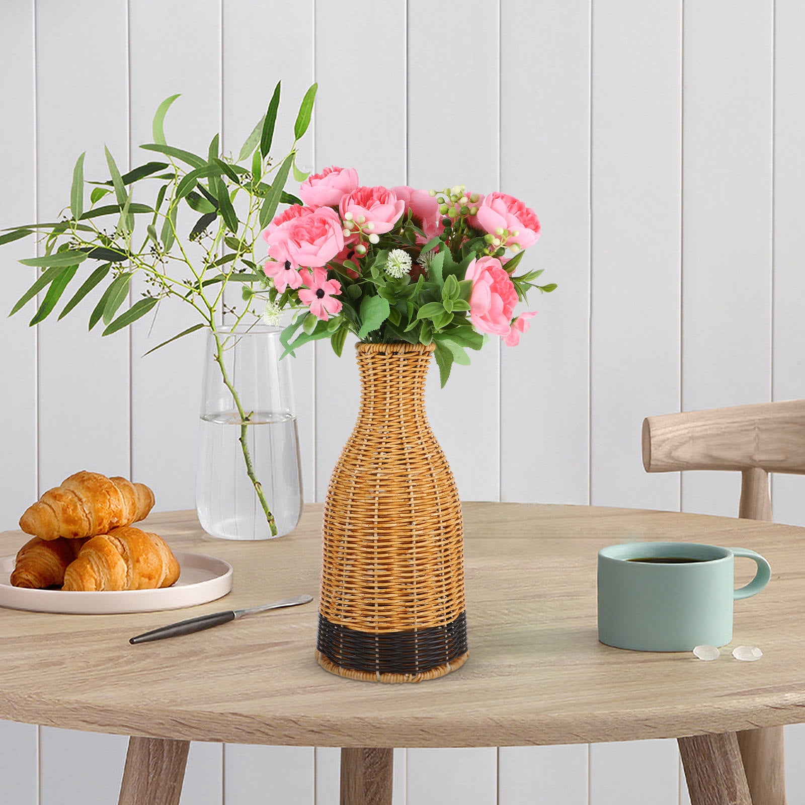 MLINS Rustic Flower Basket Flowers Vase Office Plastic Rattan Weaving ...