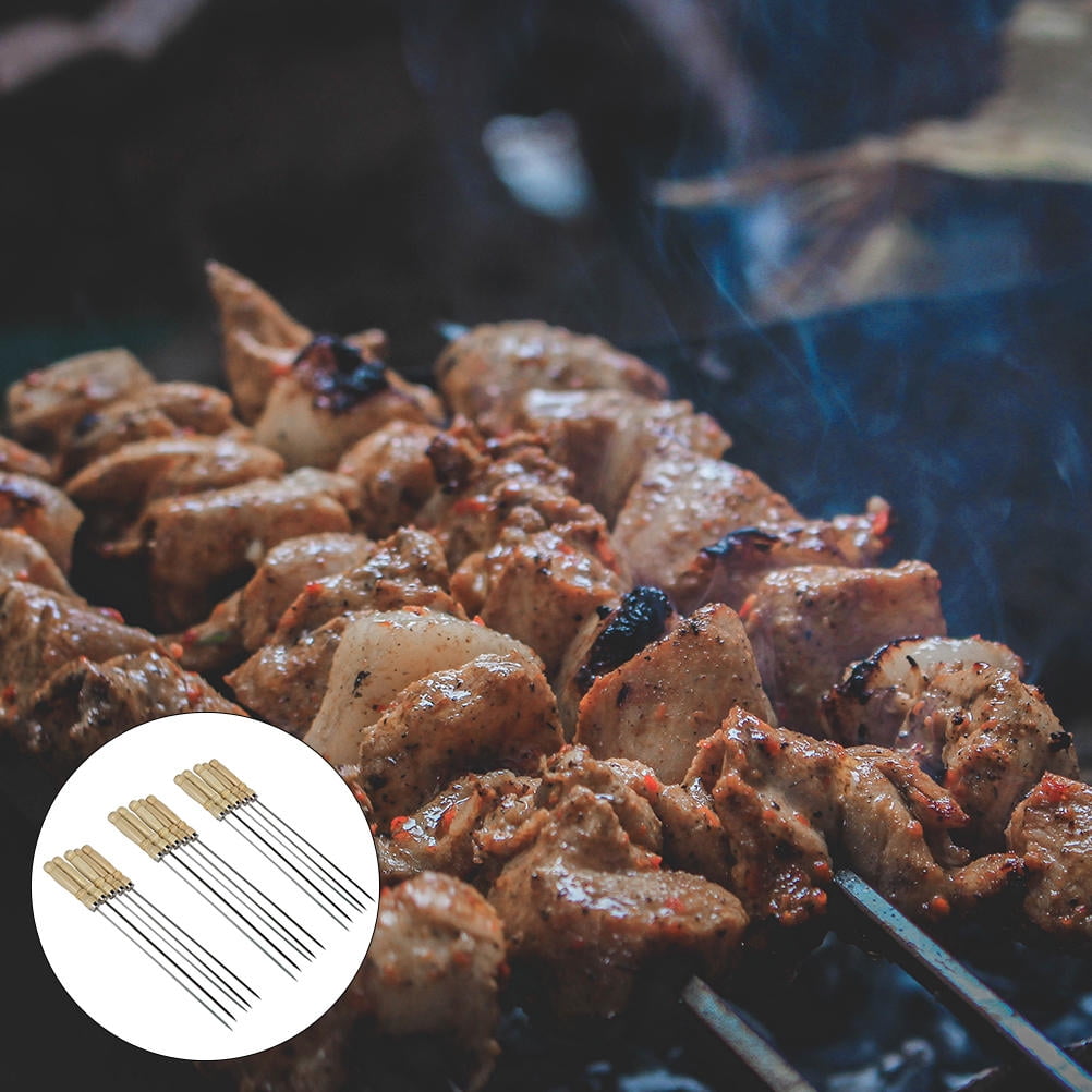 PTOOTP Reusable BBQ Skewers Flat Stainless Steel with Wooden Handles 25 ...