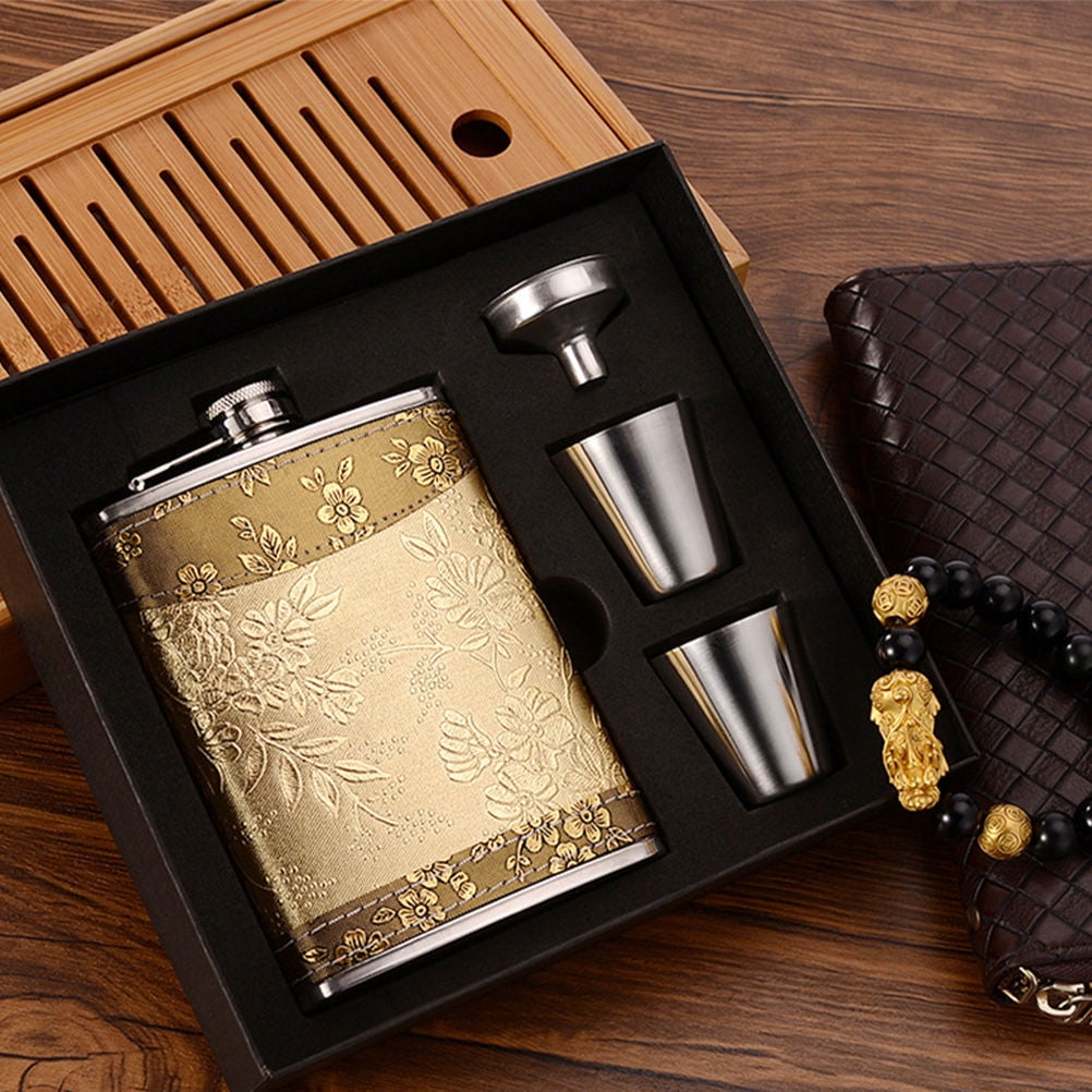 MLINS Stainless Steel Portable Flask Set Retro Pattern Wine Whiskey ...