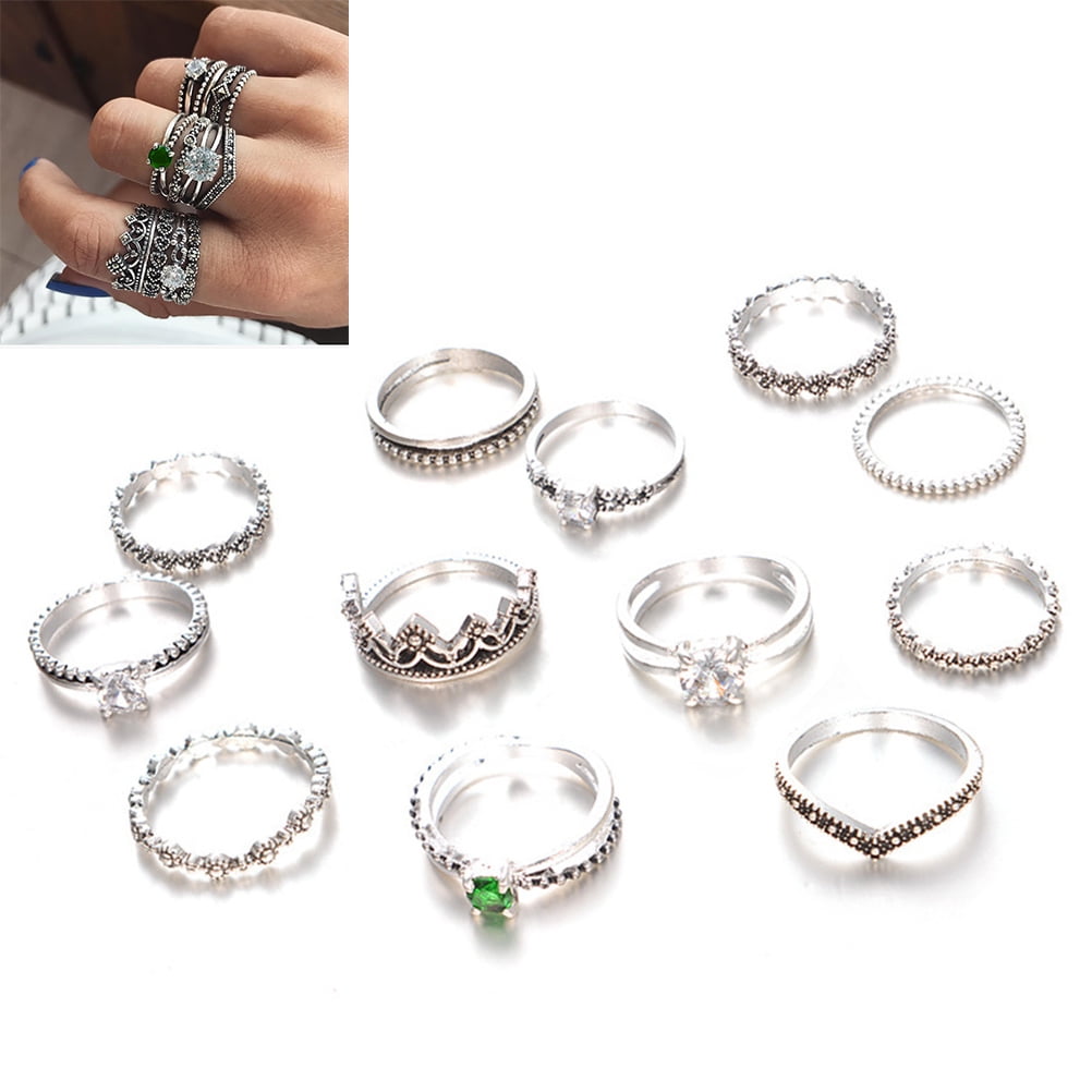 MLINS White Alloy Knuckle Rings Set for Women 12 Pieces Vintage Style ...
