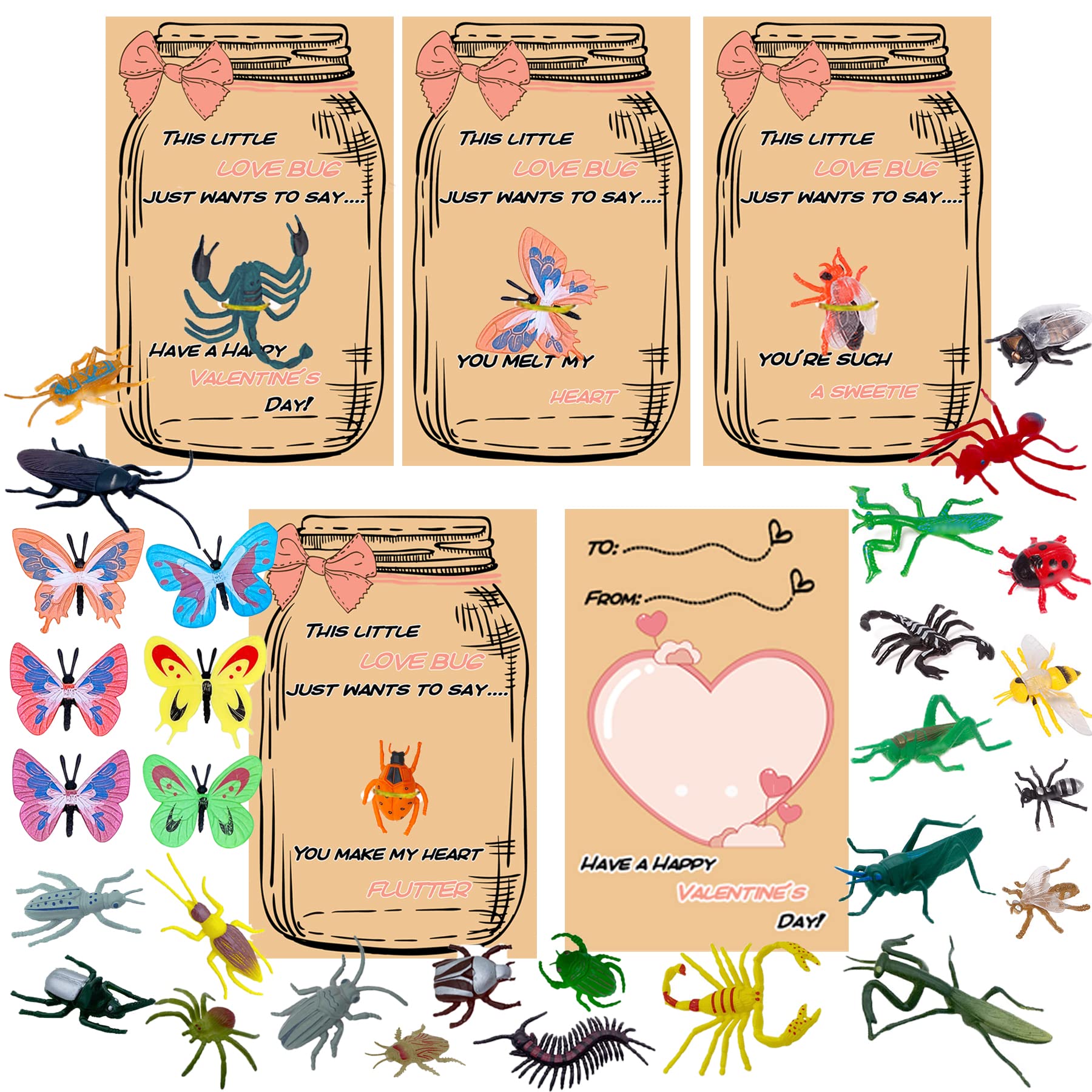 MLOLM 36 Pack Valentine's CM31 Day Cards with Insect Love Bugs Figures ...