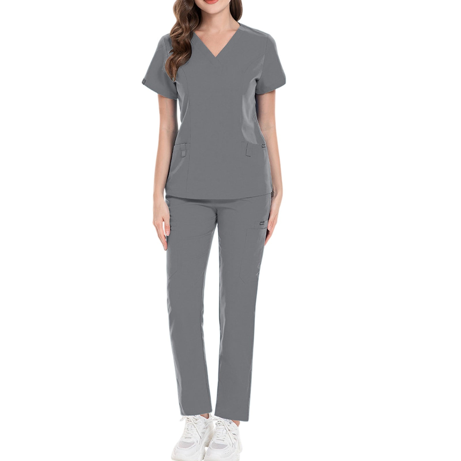 MLQIDK Gray Scrubs Sets for Women Plus Size Nursing Uniforms Stretchy V ...