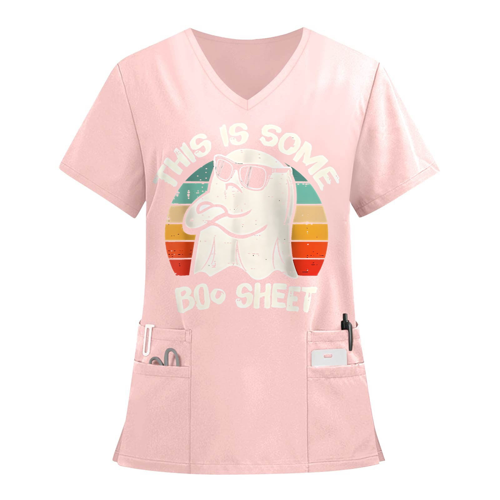 MLQIDK Halloween Print Scrubs for Women Nurse Uniform Shirts Short ...