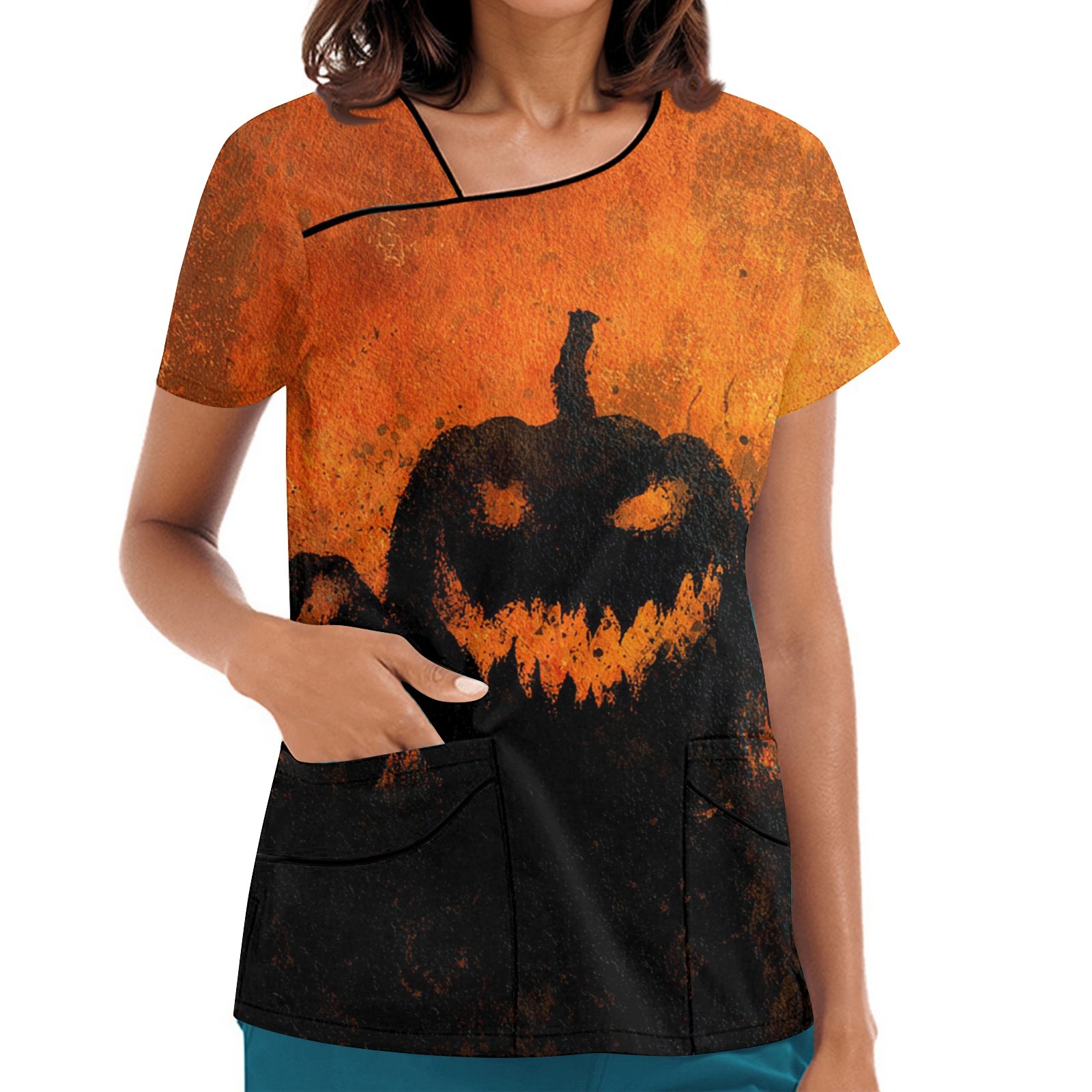 MLQIDK Halloween Print Scrubs for Women Nurse Uniform Shirts Short ...