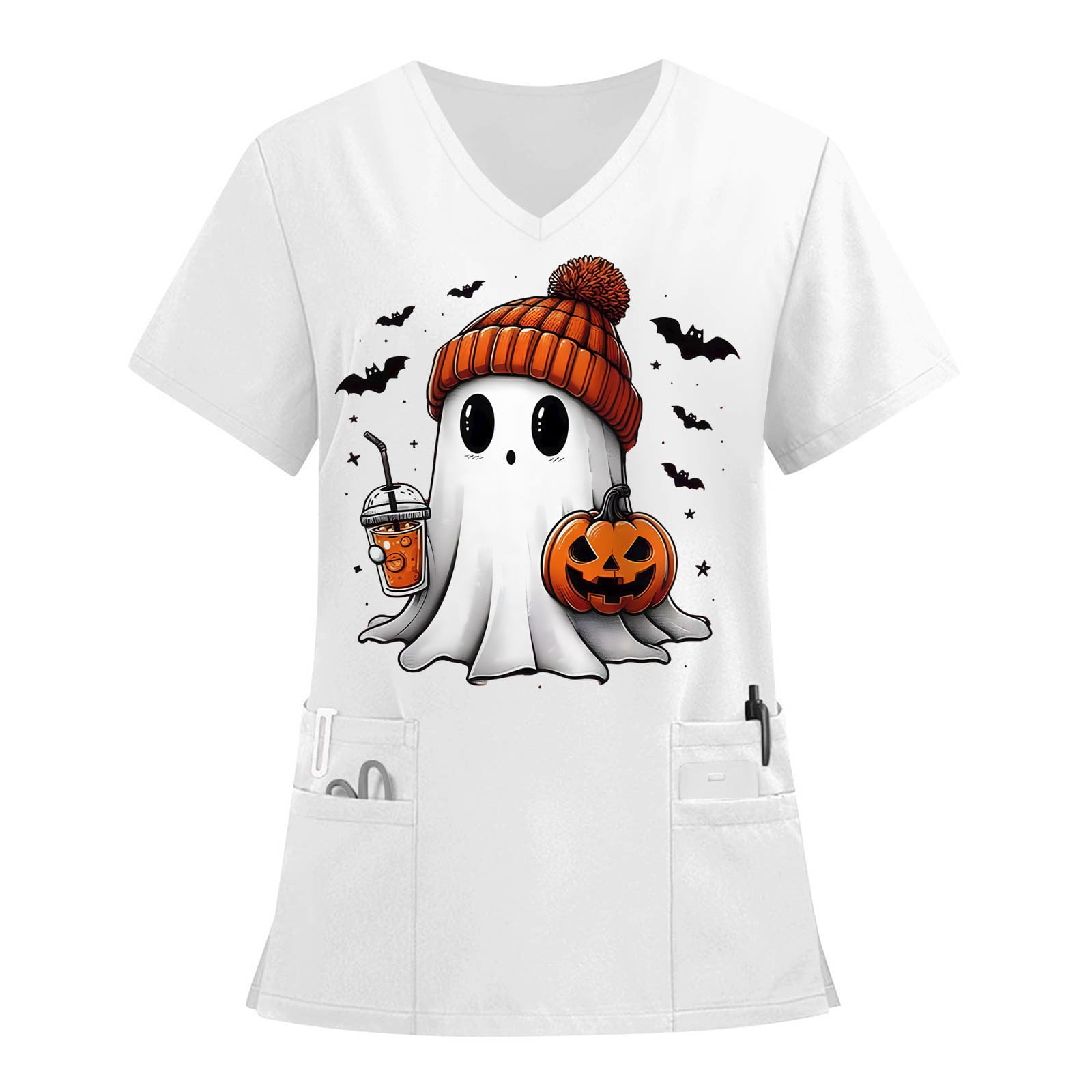 MLQIDK Halloween Print Scrubs for Women Plus Size Spooky Season Scrub ...