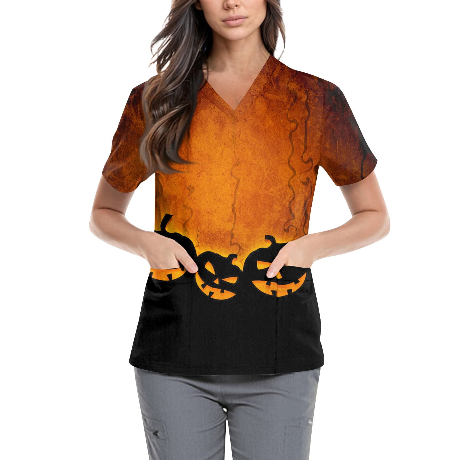 MLQIDK Halloween Print Scrubs for Women Pumpkin Ghost Bat Fun Nurse ...