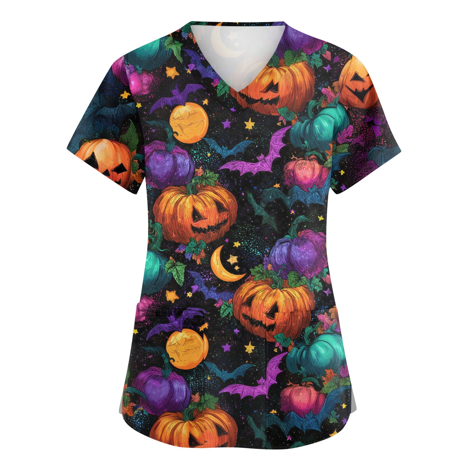 MLQIDK Halloween Print Scrubs for Women Pumpkin Ghost Bat Fun Nurse ...