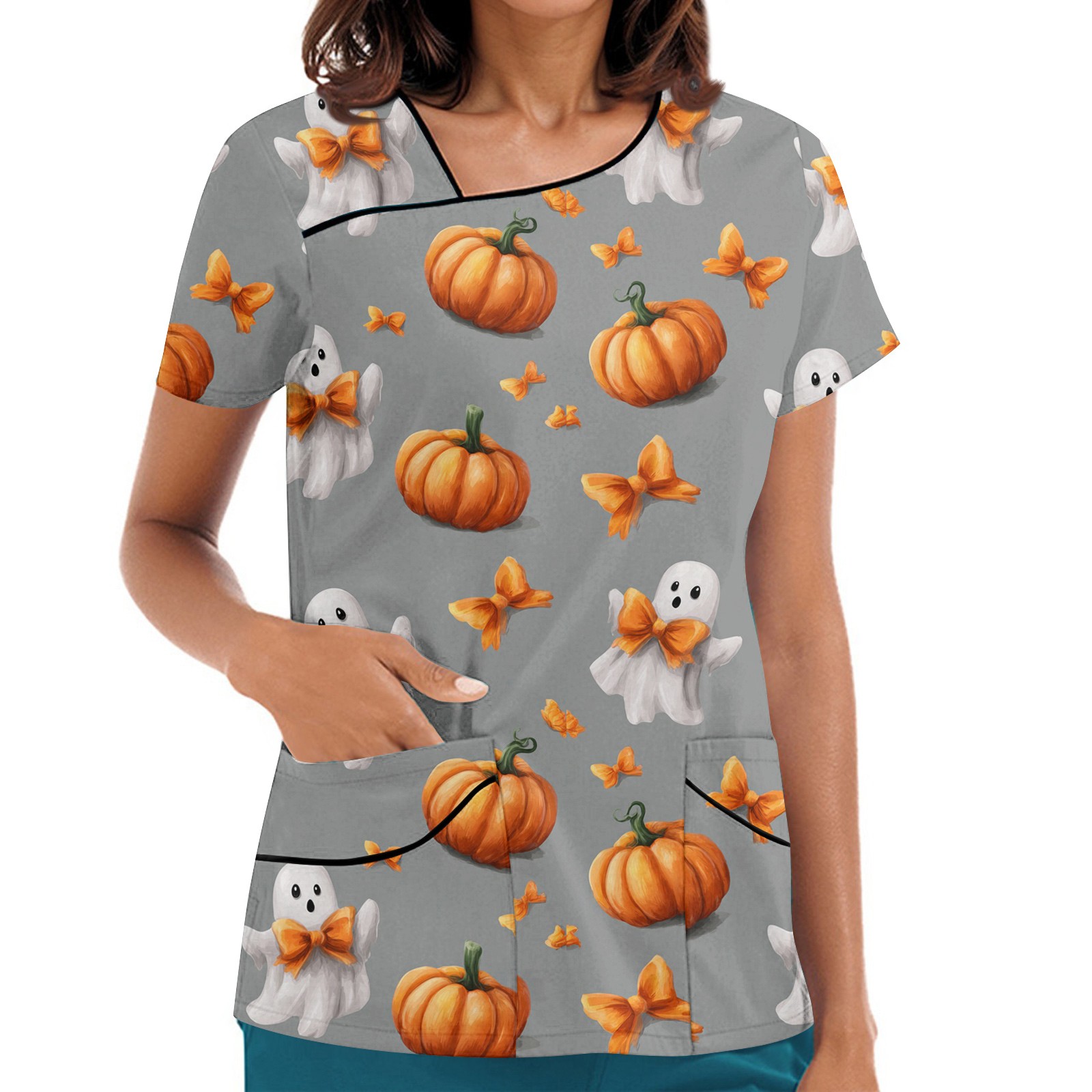 MLQIDK Halloween Print Scrubs for Women Pumpkin Ghost Bat Fun Nurse ...