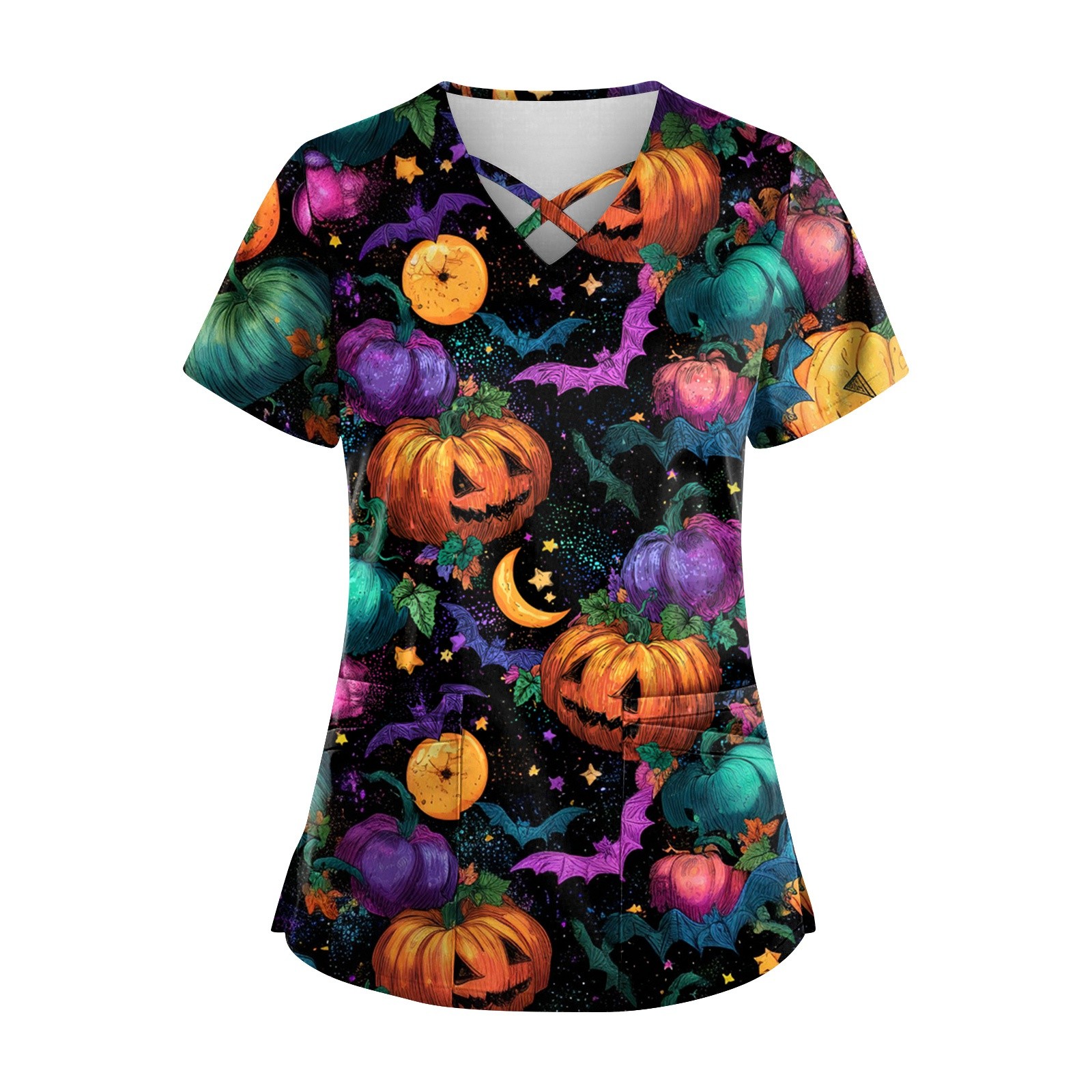 MLQIDK Halloween Print Scrubs for Women Pumpkin Ghost Bat Funny Nurse ...