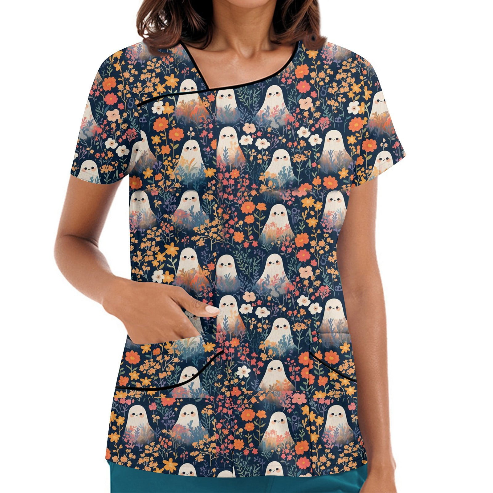 MLQIDK Halloween Print Scrubs for Women Pumpkin Ghost Bat Funny Nurse ...