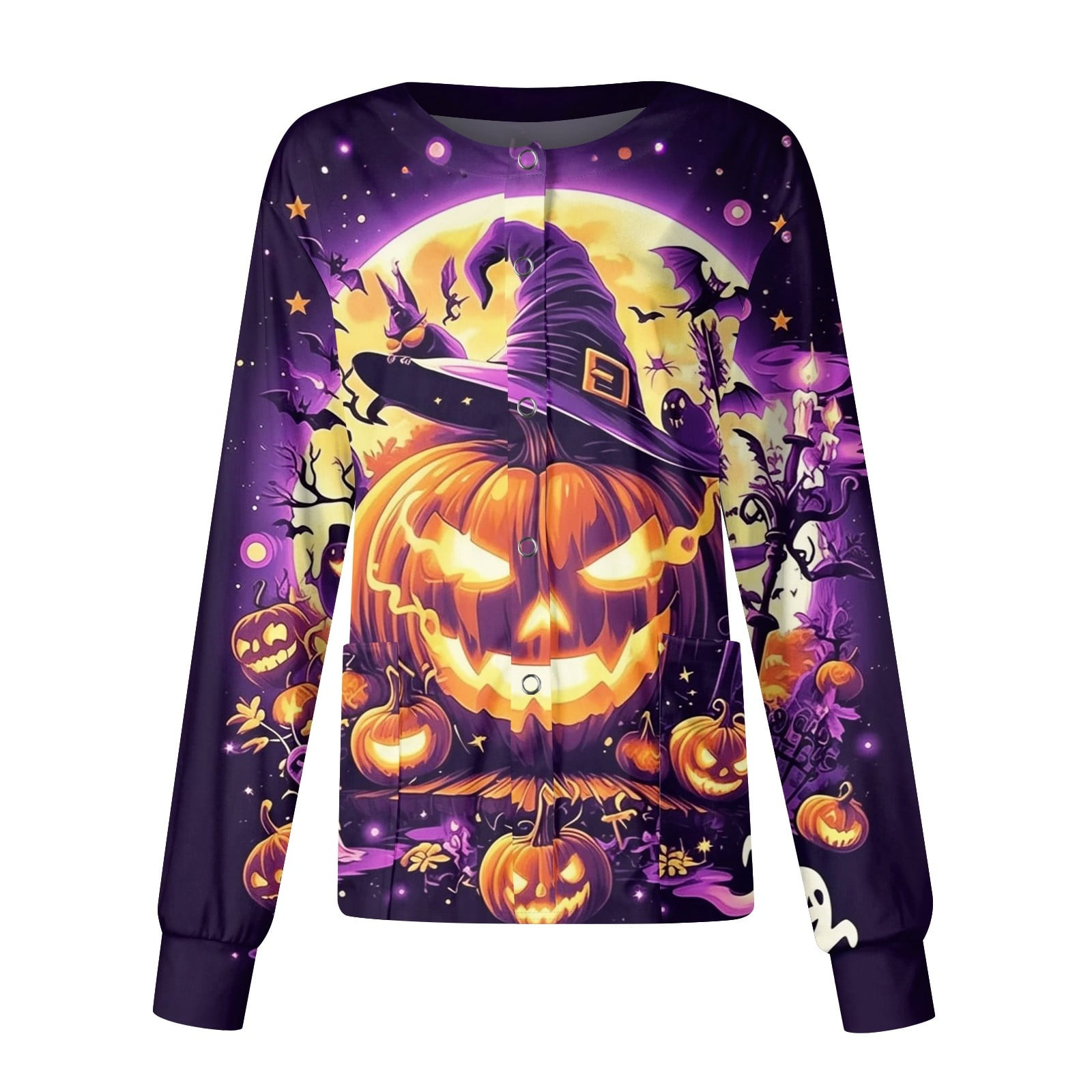 MLQIDK Halloween Scrub Jacket for Woman Long Sleeve Button up Plus Size ...