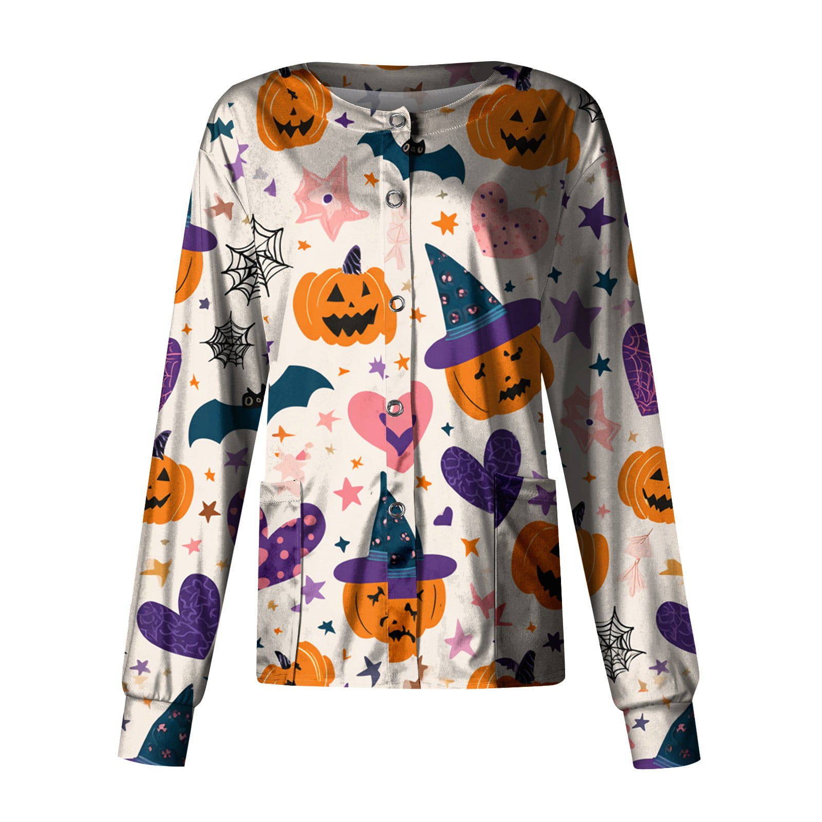 MLQIDK Halloween Scrub Jacket for Woman Long Sleeve Snap Front Warm up ...