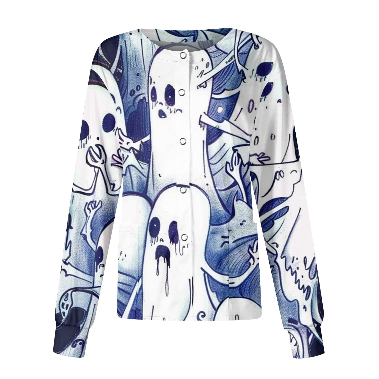 MLQIDK Halloween Scrub Jackets for Woman Pumpkin Ghost Bat Printed Long ...