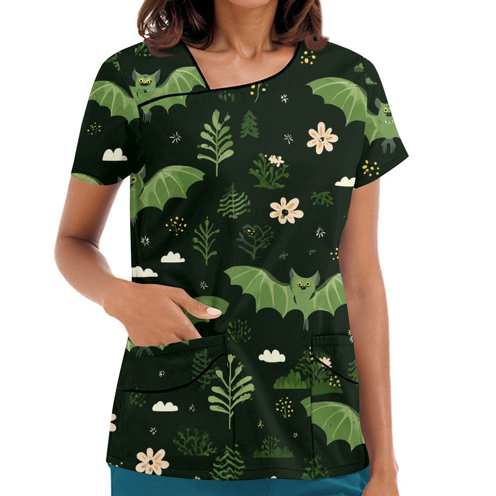 MLQIDK Halloween Scrub Tops Women Nurse Uniform Shirts Short Sleeve ...