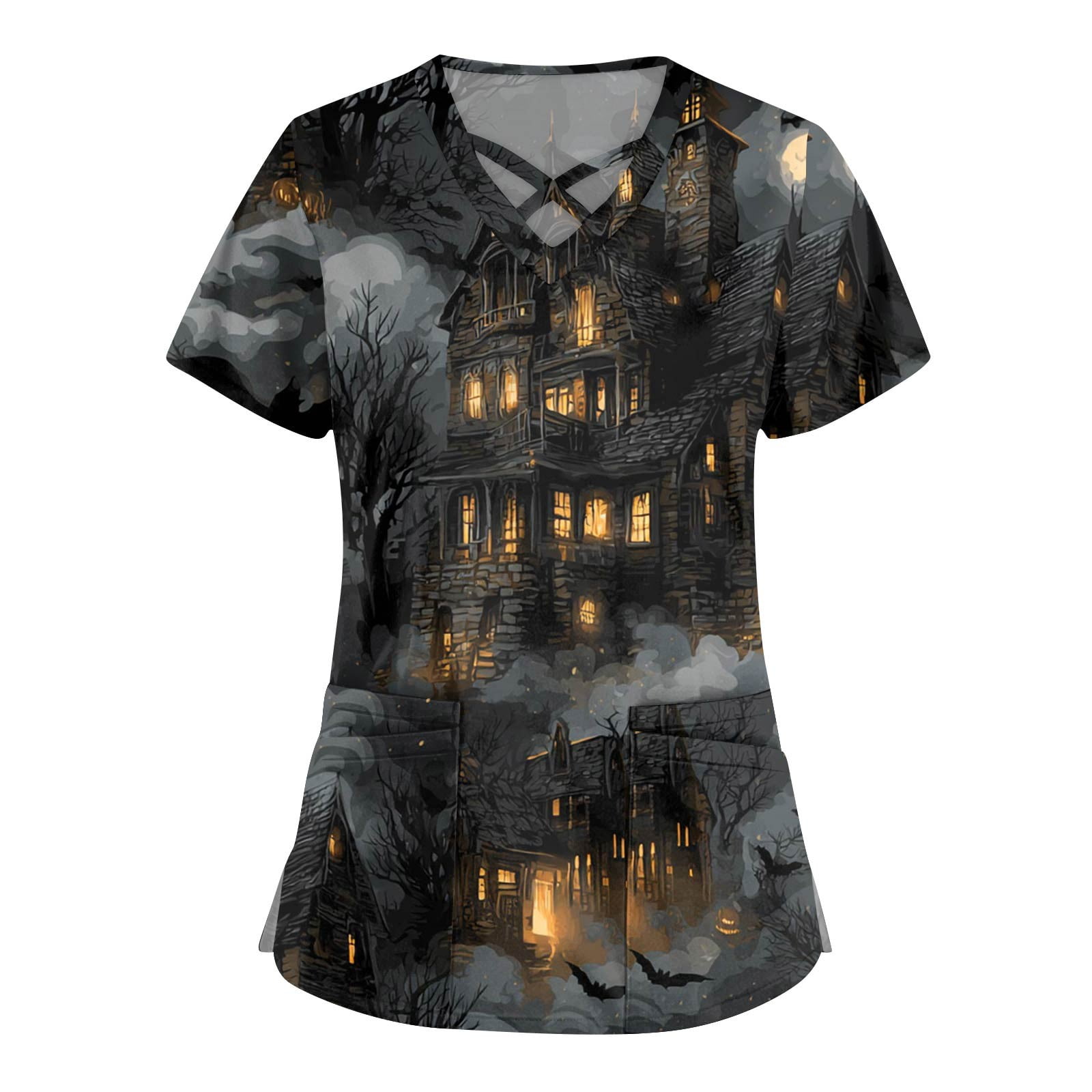 MLQIDK Halloween Scrub Tops Women Plus Size Medical Scrubs Short Sleeve ...