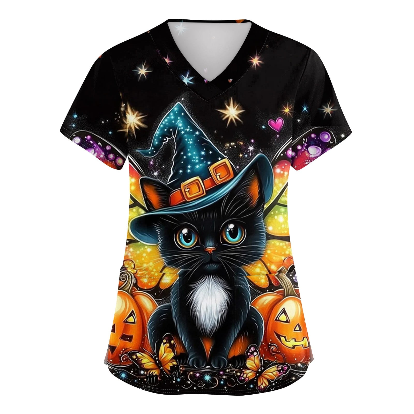 MLQIDK Halloween Scrub Tops Women Pumpkin Ghost Bat Fun Medical Scrubs ...