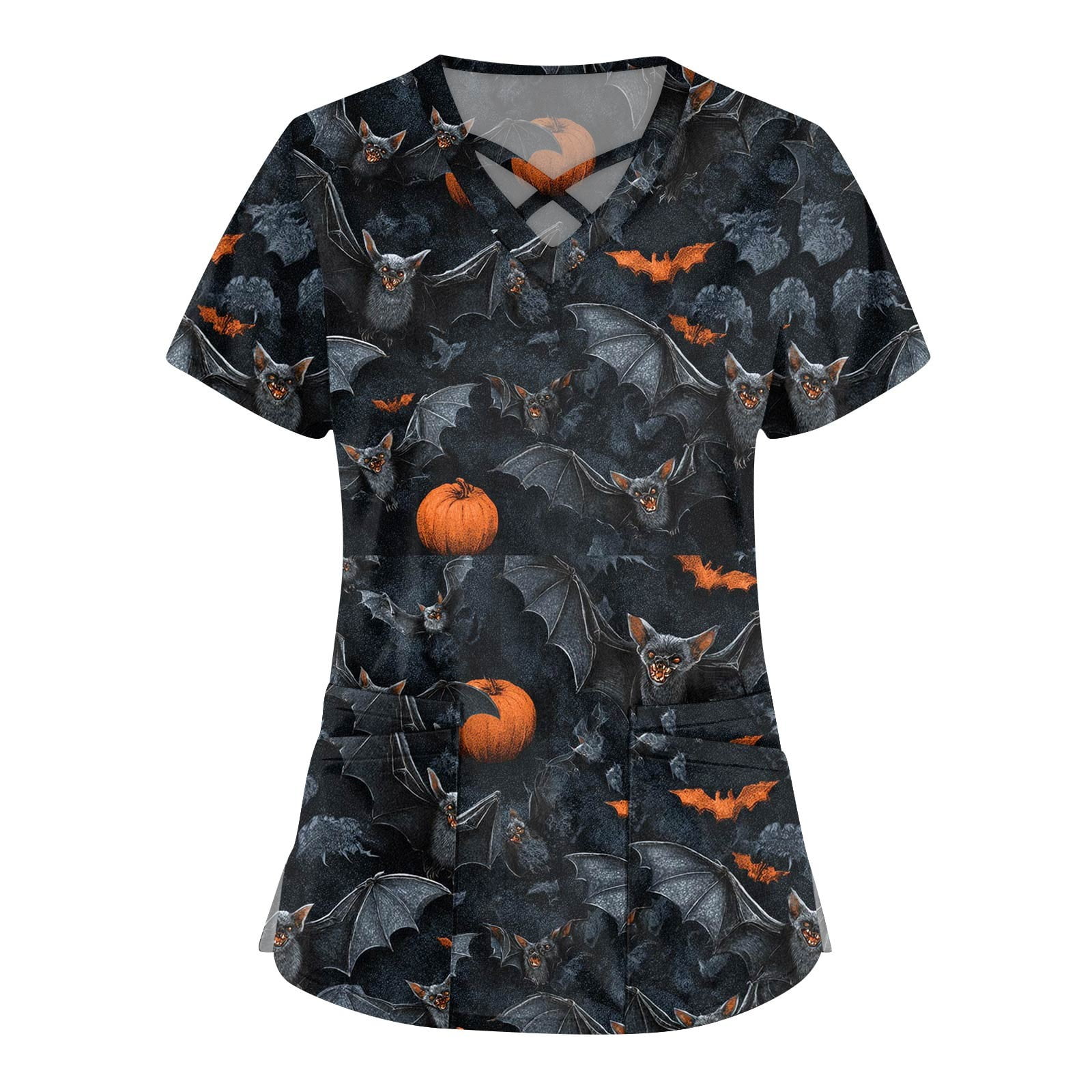 MLQIDK Halloween Scrub Tops Women Pumpkin Ghost Bat Fun Nurse Uniforms ...